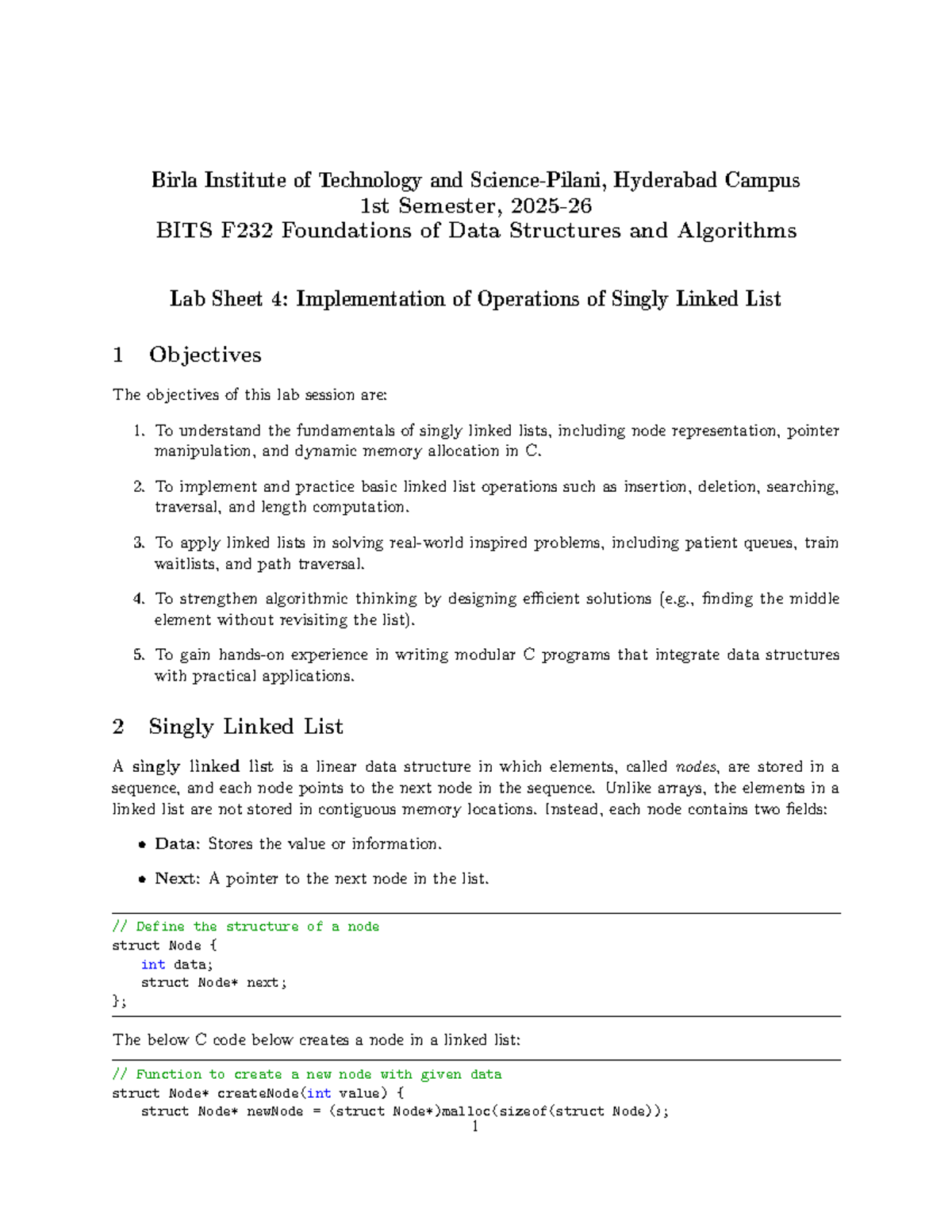 BITS F232 Lab Sheet 4: Singly Linked List Operations in C - Studocu