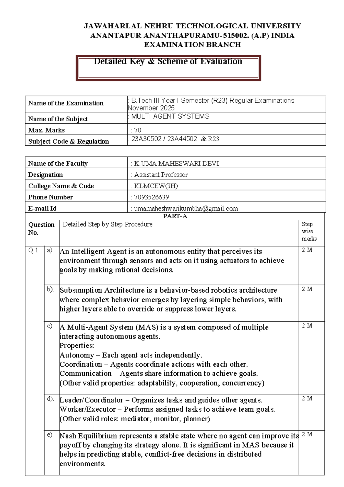 B.Tech R23 1st Sem Multi-Agent Systems Exam Key Evaluation - Studocu