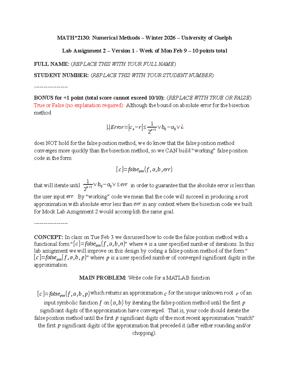 Numerical Methods (Winter 2026) Lab Assignment 2: False Position Method - Studocu