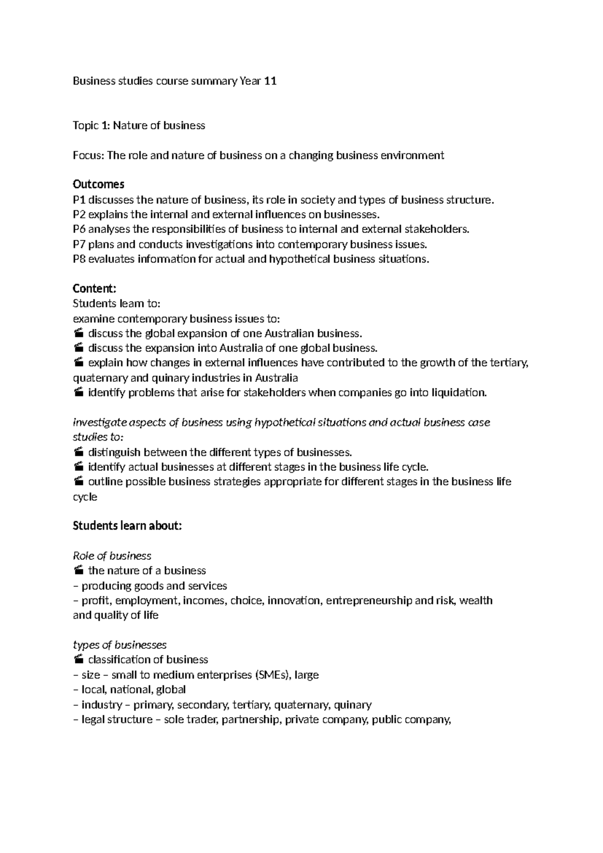 Year 11 Business Studies Course Summary: Nature & Management of ...