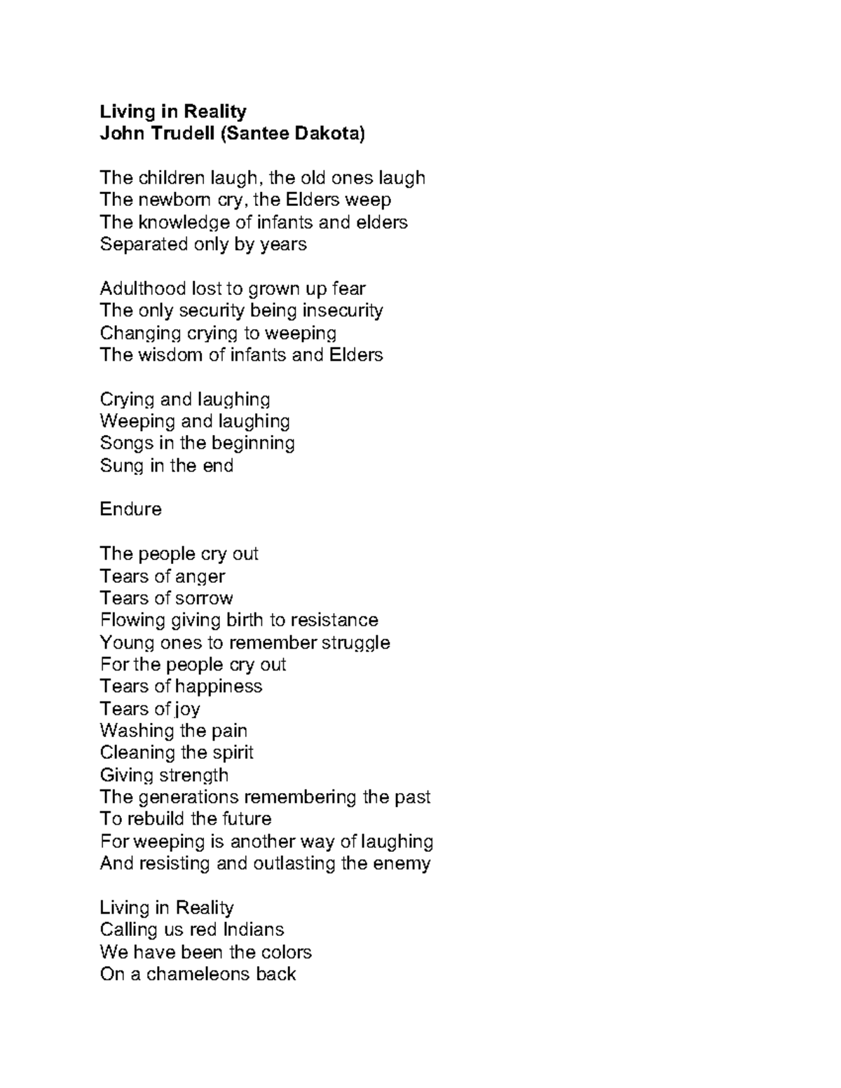 Living in Reality: A Poetic Reflection by John Trudell - Studocu