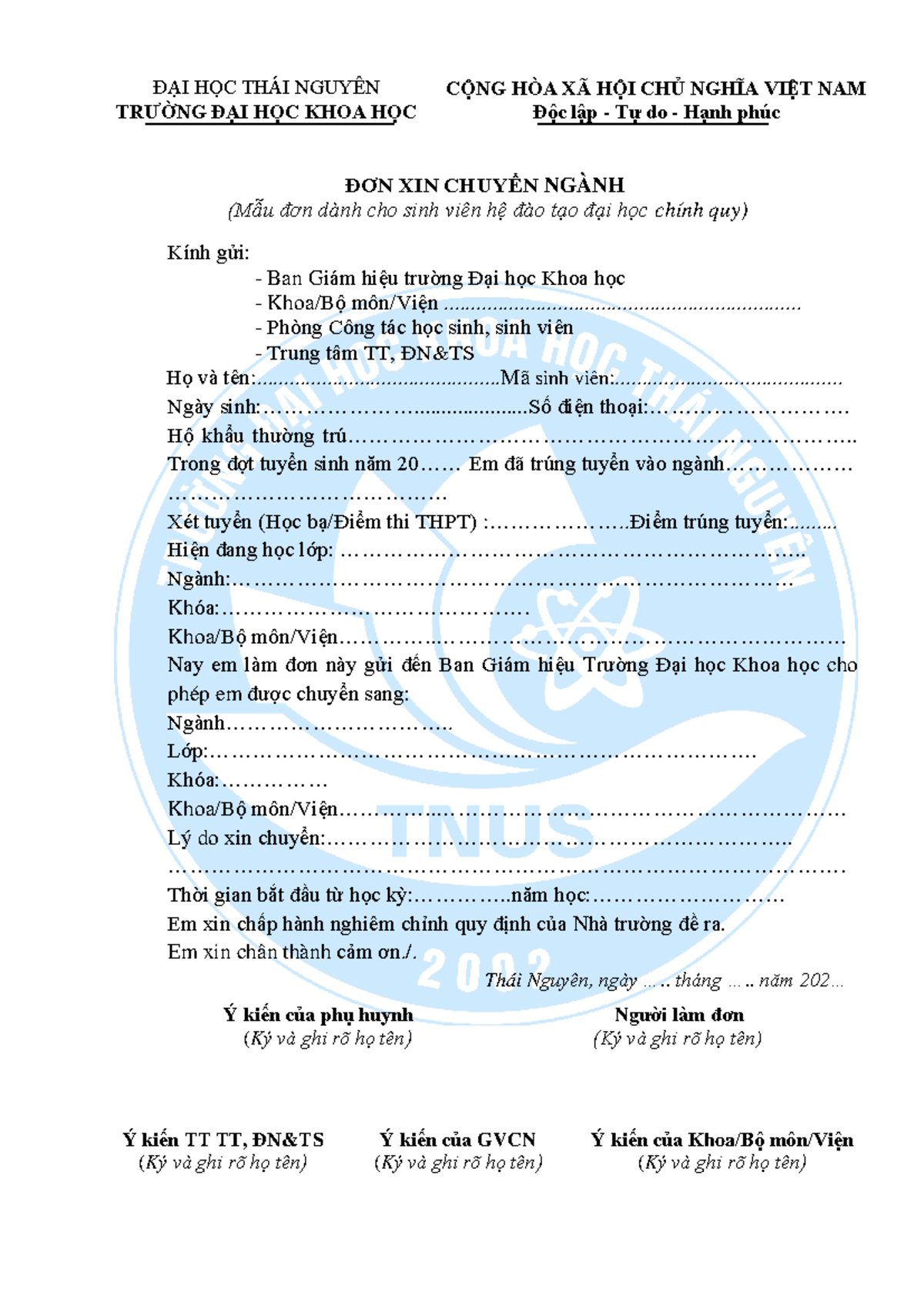 Đơn xin chuyển ngành 2 - sdfgt - ĐẠI HỌC THÁI NGUYÊN TRƯỜNG ĐẠI HỌC ...