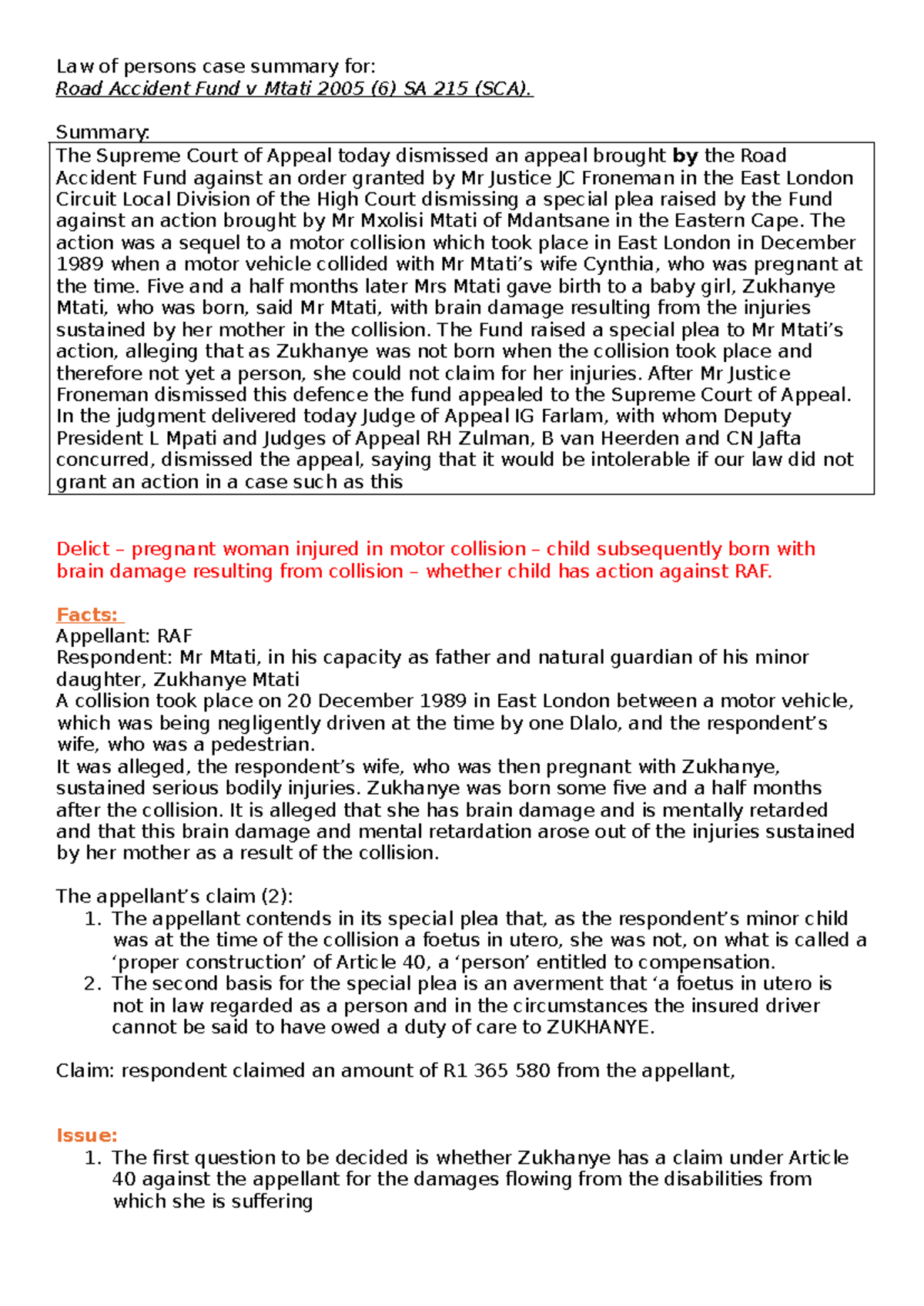 Road Accident Fund v Mtati 2005 SCA Case Summary and Analysis - Studocu
