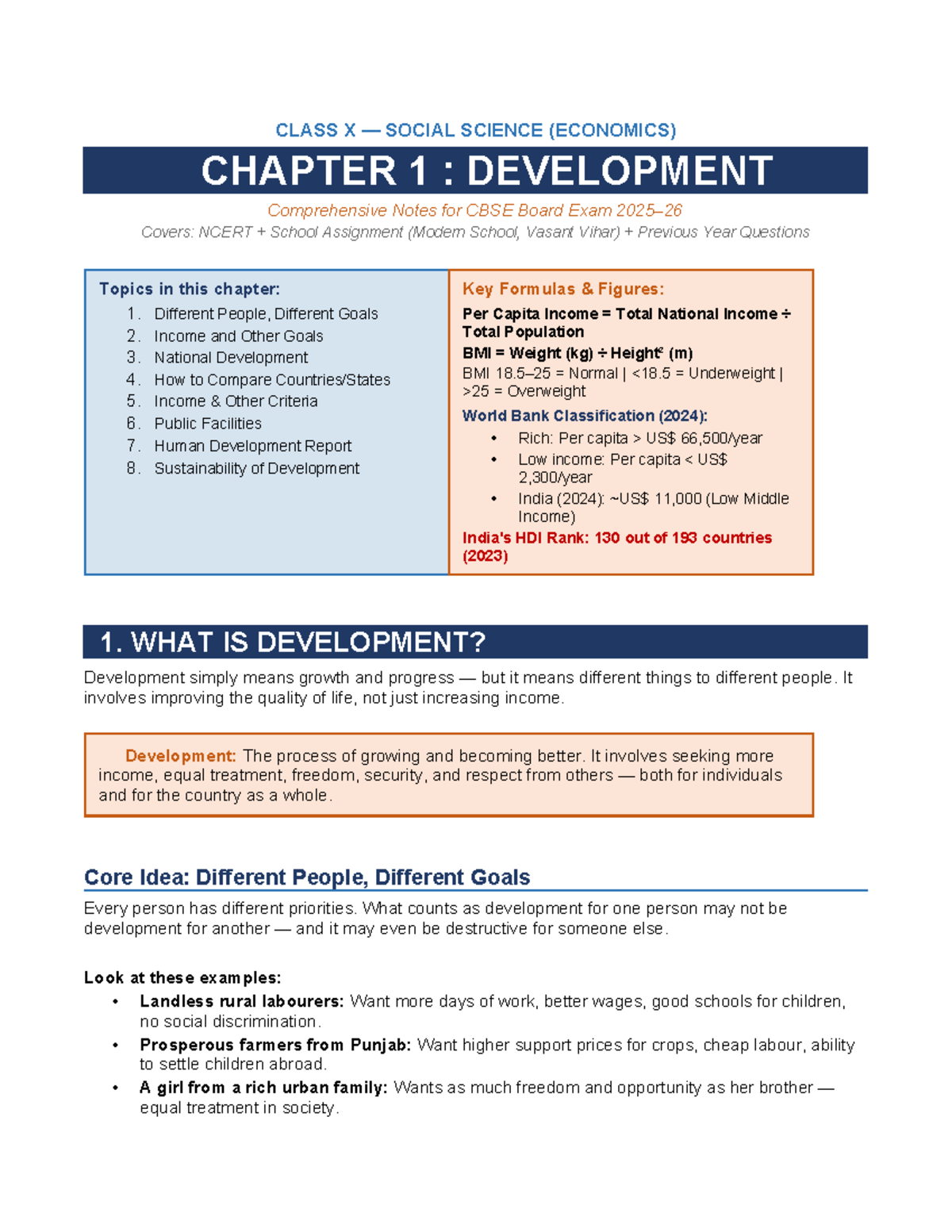 CLASS X SOCIAL SCIENCE (ECONOMICS) CHAPTER 1: DEVELOPMENT Comprehensive ...