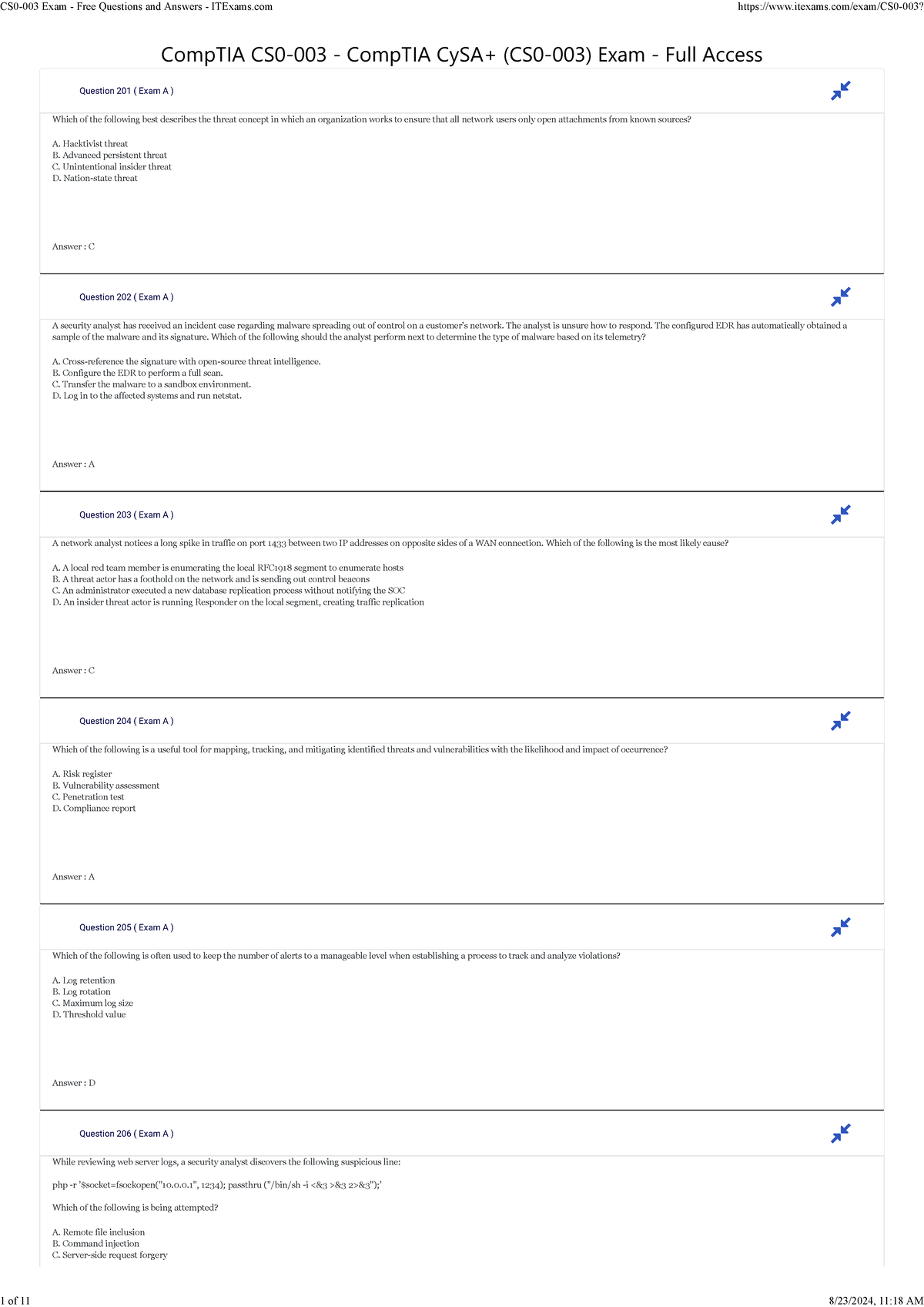 CS0-003 CompTIA CySA+ Exam Questions and Answers - Full Access - Studocu