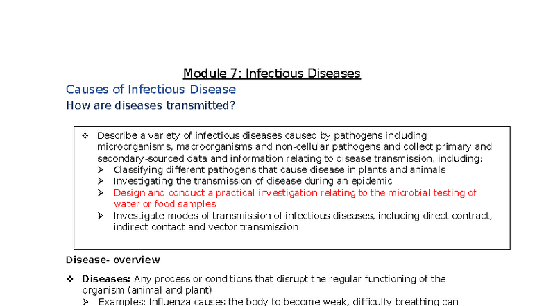 Module 7: Infectious Diseases - Causes, Transmission & Pathogens - Studocu