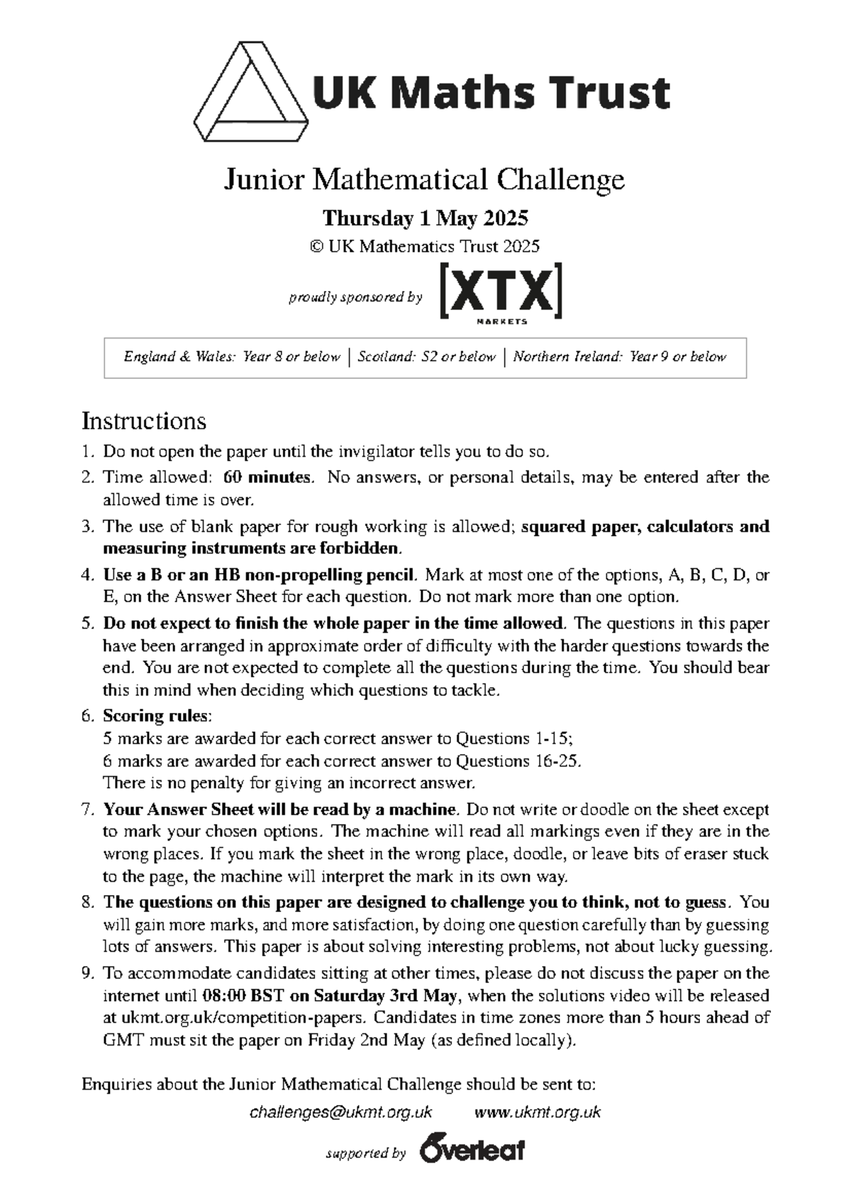 Junior Mathematical Challenge (JMC) 2025 - Exam Paper - Studocu