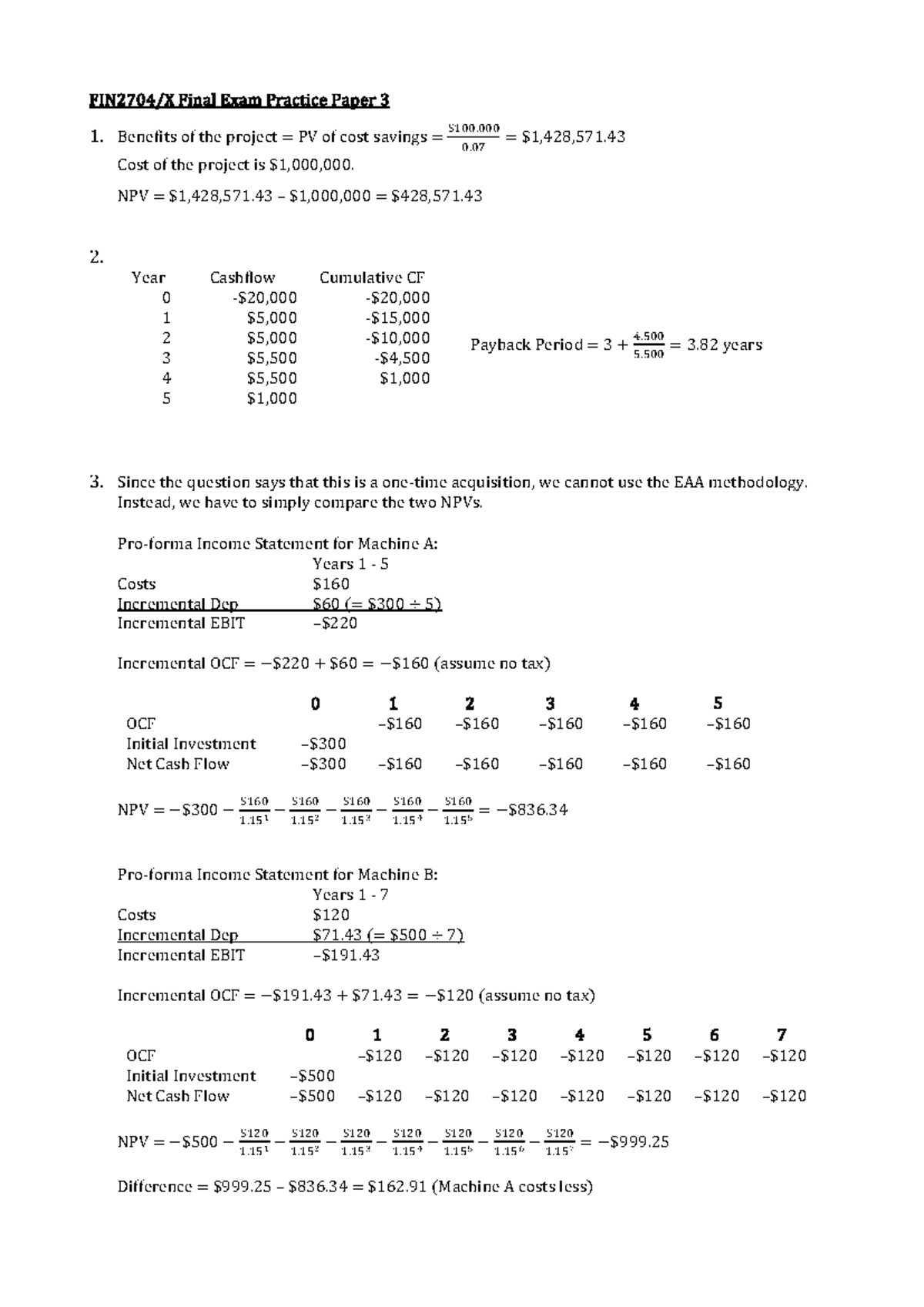 Final Exam Practice Paper 3 Solutions: NPV & Cash Flow Analysis - Studocu