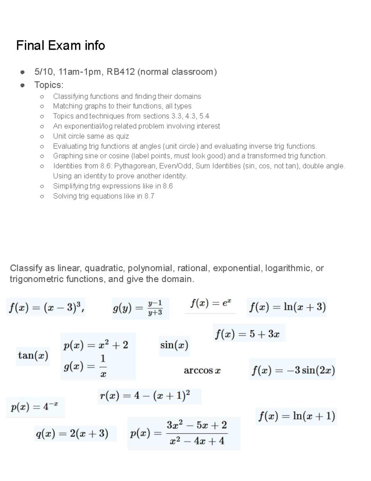 Final Exam Review: Functions & Trigonometry Techniques (RB412) - Studocu