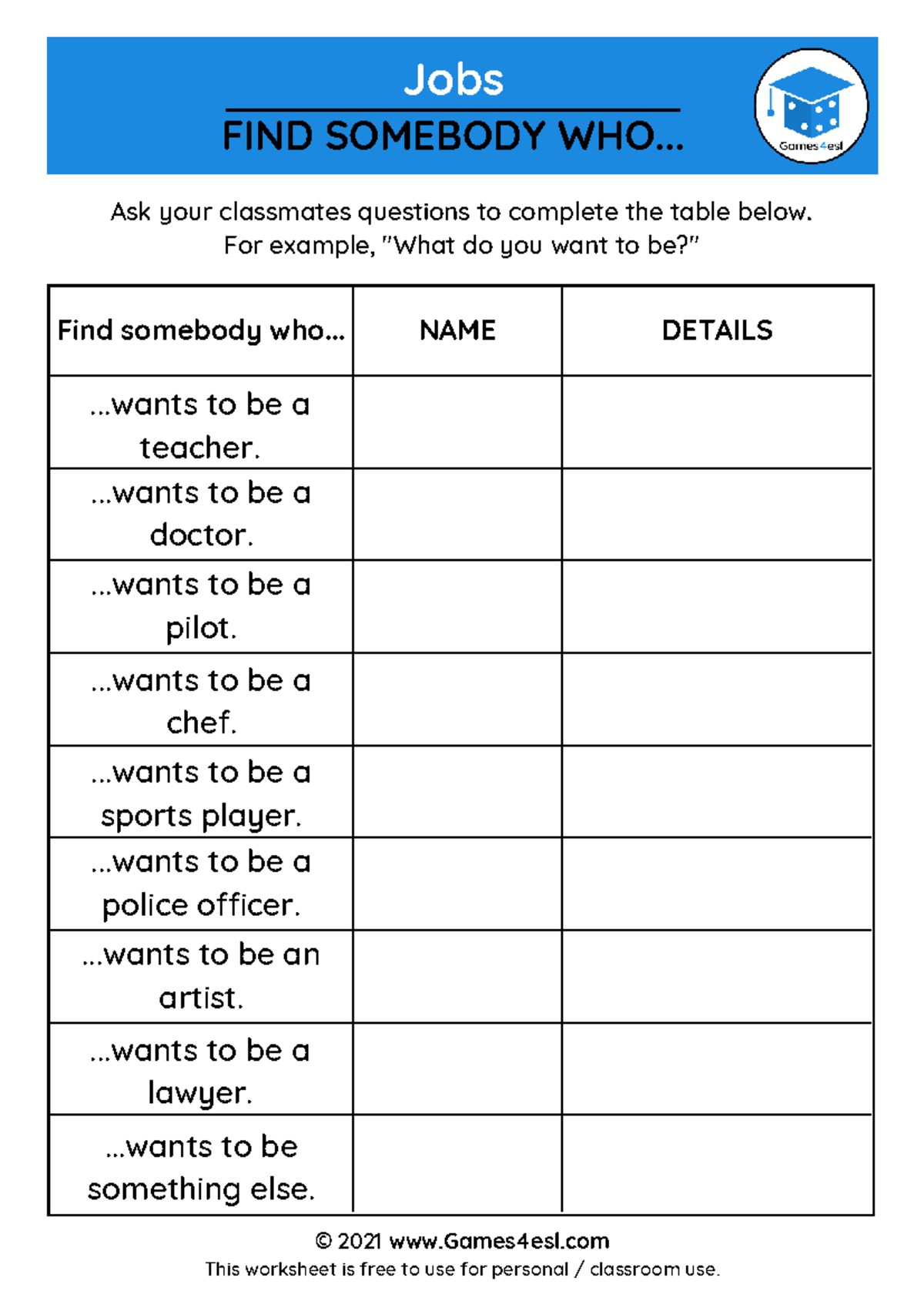 Find Somebody Who Worksheet Jobs - FIND SOMEBODY WHO... Jobs Ask your ...