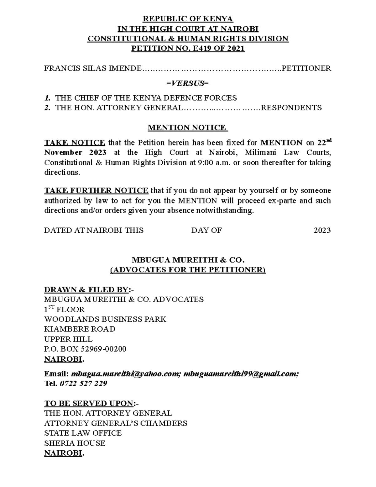 Mention Notice -Francis Silas Imende - October 2023 - REPUBLIC OF KENYA ...