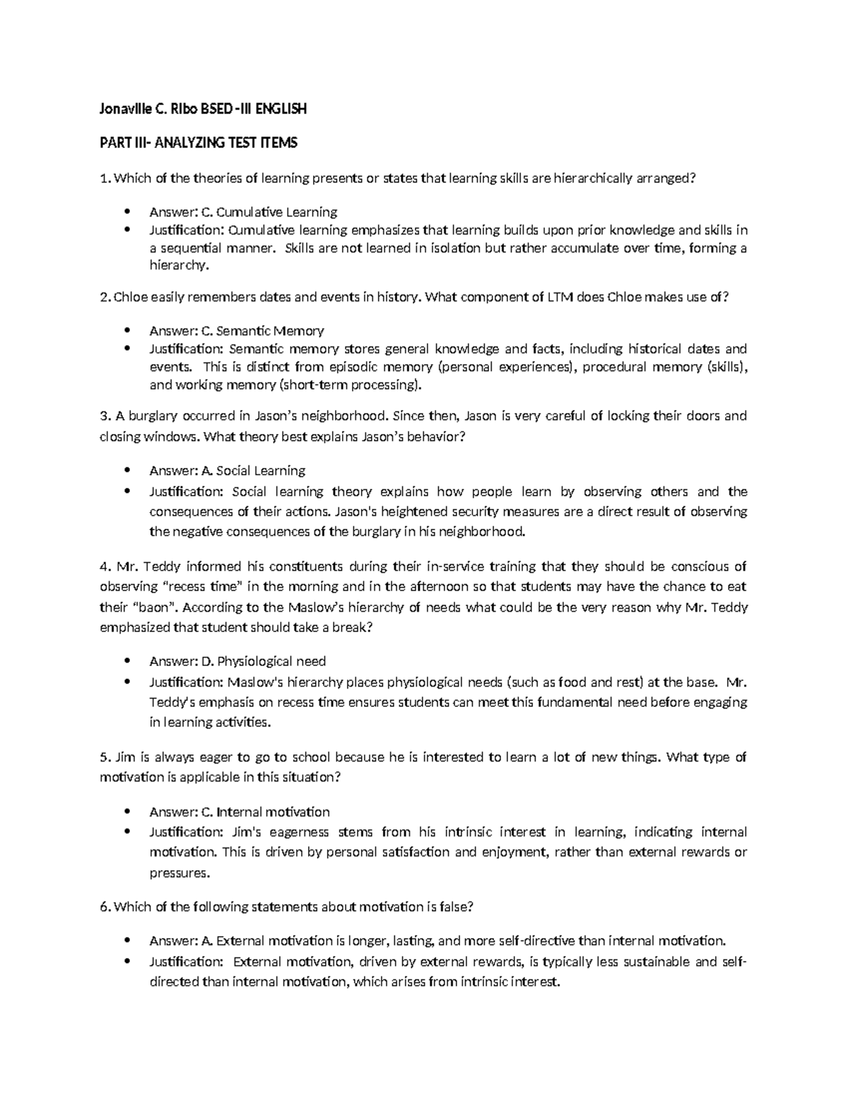 BSED-III ENGLISH Seminar - Part III: Analyzing Test Items and Skills ...