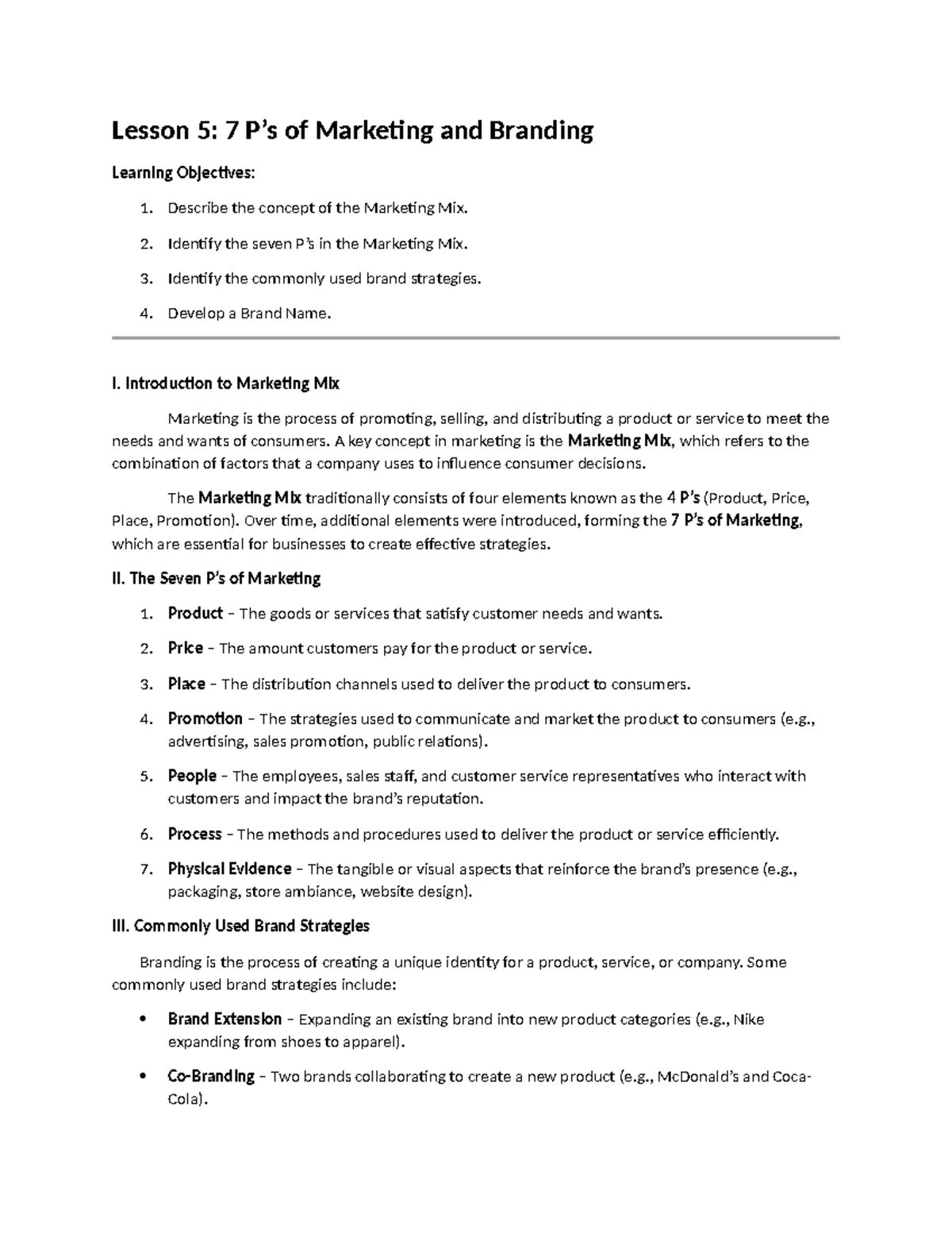 Lesson 5: Marketing Mix & Branding Strategies Overview - Studocu