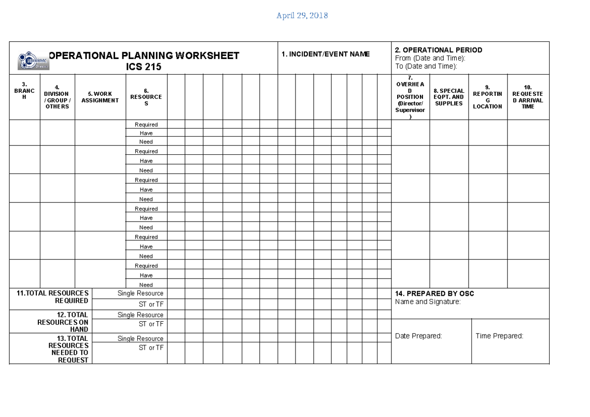 ICS 215 - Operational Planning Worksheet for Incident Command System ...