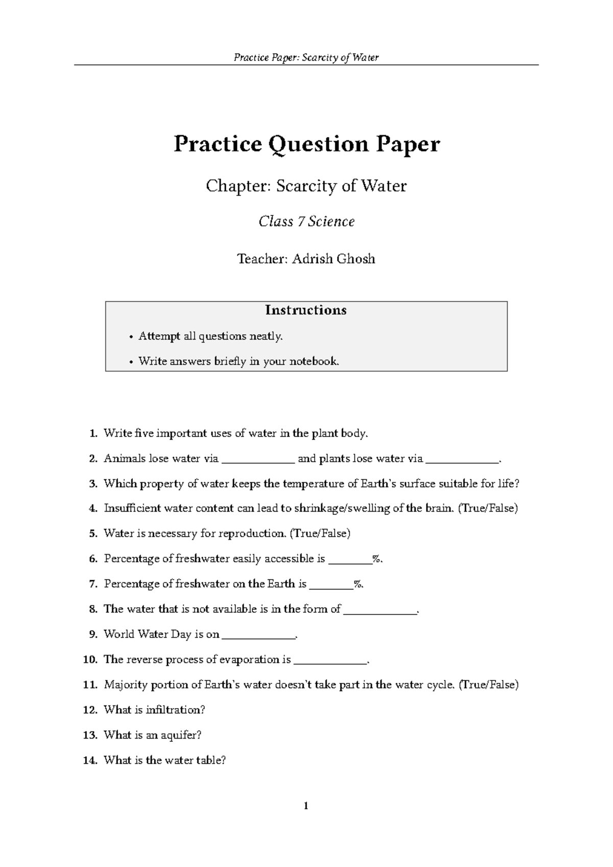 Practice Paper: Scarcity of Water - Class 7 Science Questions - Studocu