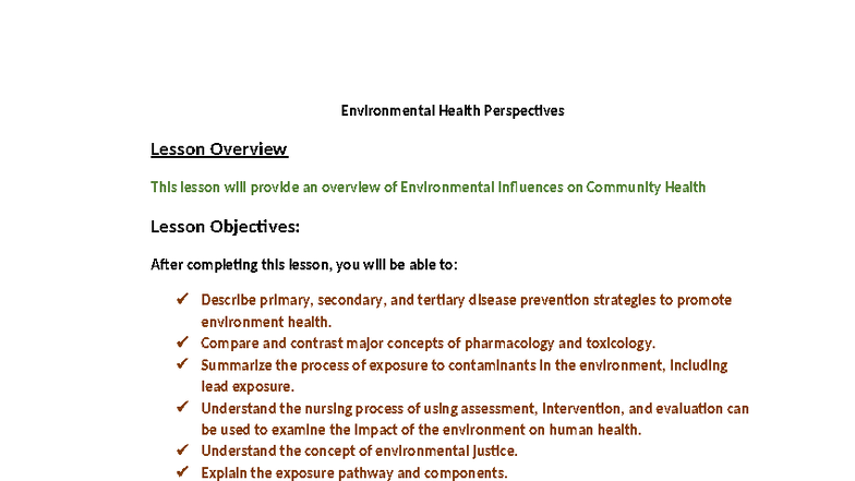 ENV 101: Environmental Health Perspectives Lesson Overview - Studocu