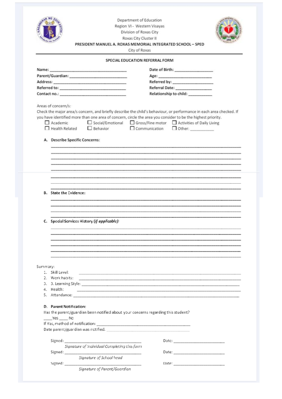 Pre-referral Form - enclosure - NG Department of Education MEMORAL G ...