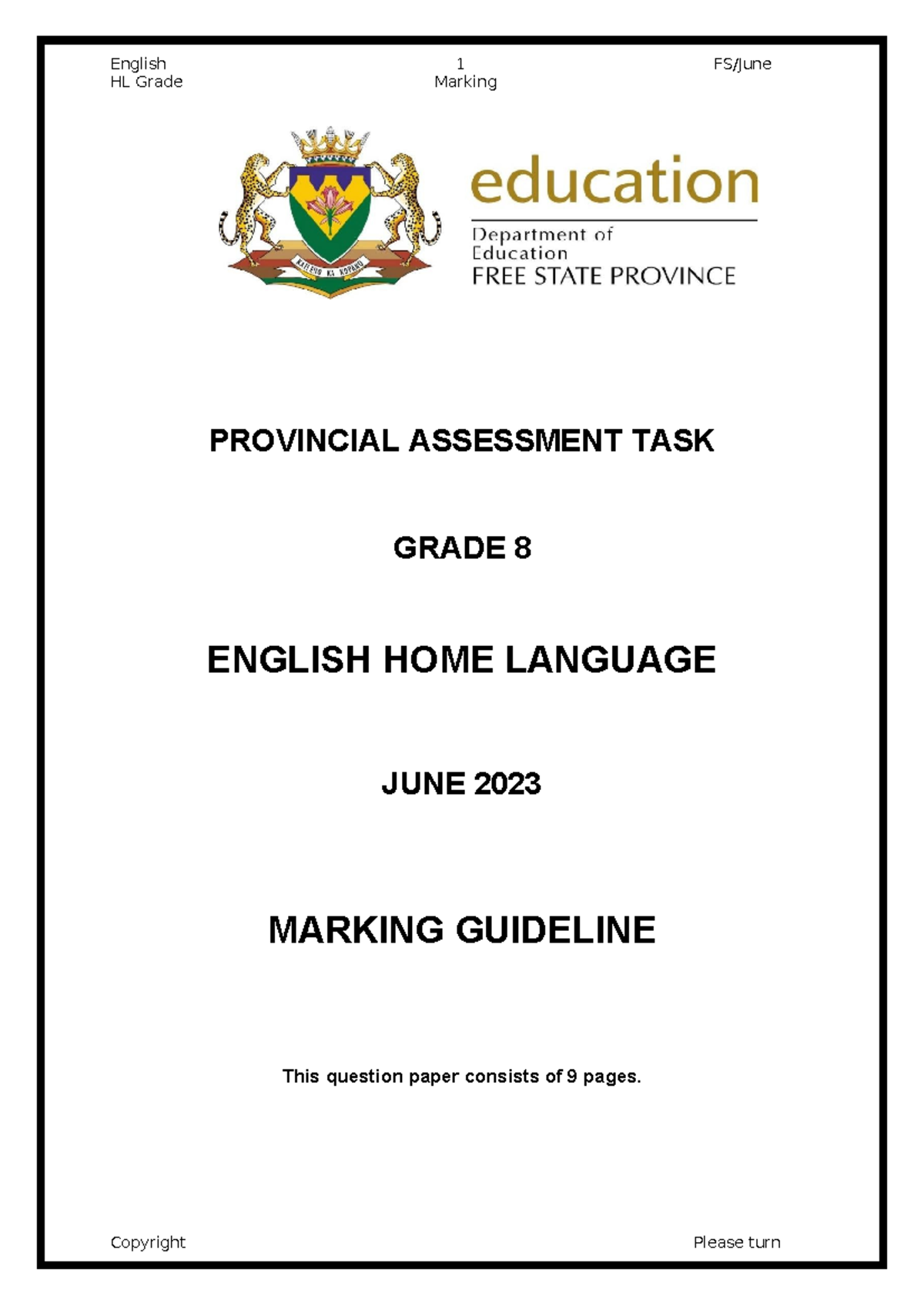 Final Grade 8 English HL June 2023 Marking Guideline - Studocu