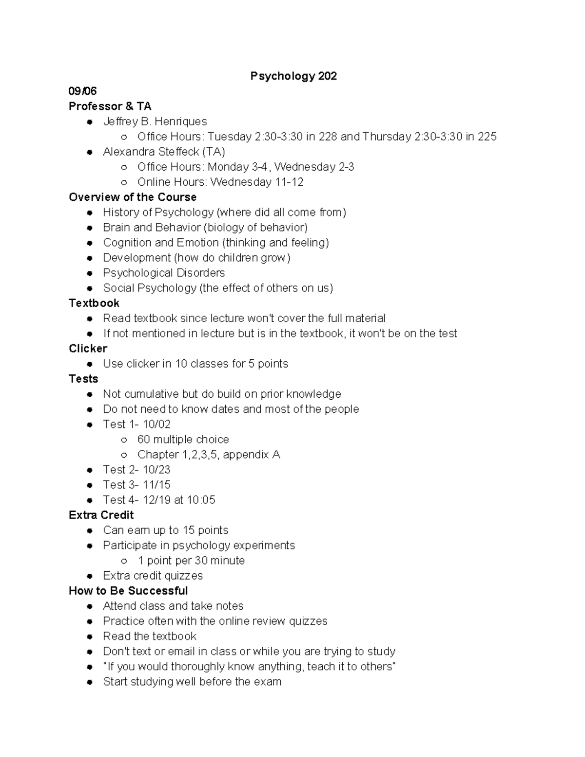 Psych 202 Notes - Psychology 202 09/ Professor & TA Jeffrey B ...