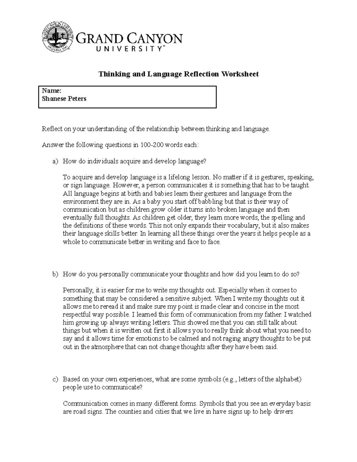 PHI105 - Assignment - Thinking and Language Reflection Worksheet Name ...