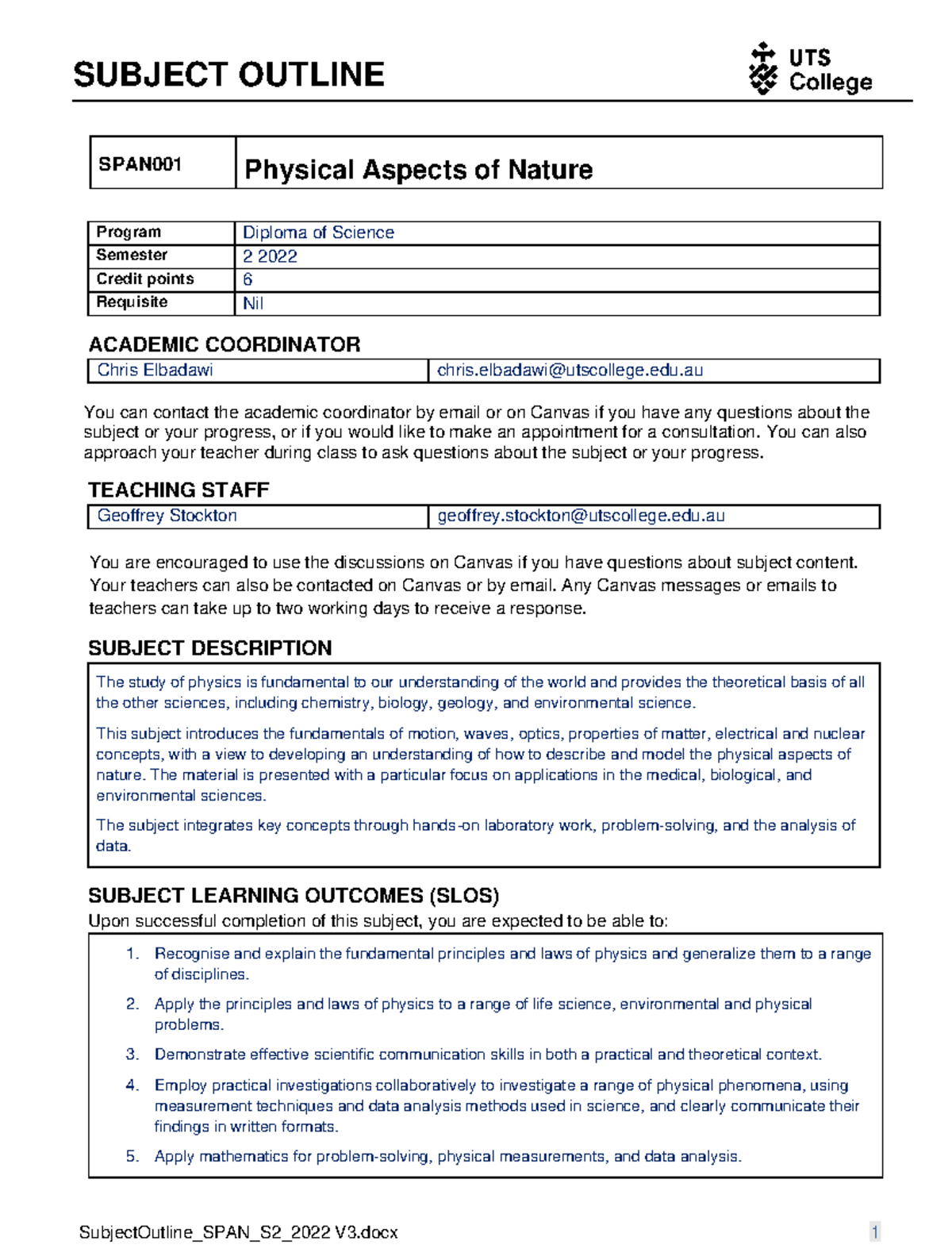 SPAN001 Physical Aspects of Nature - Subject Outline 2022 - Studocu