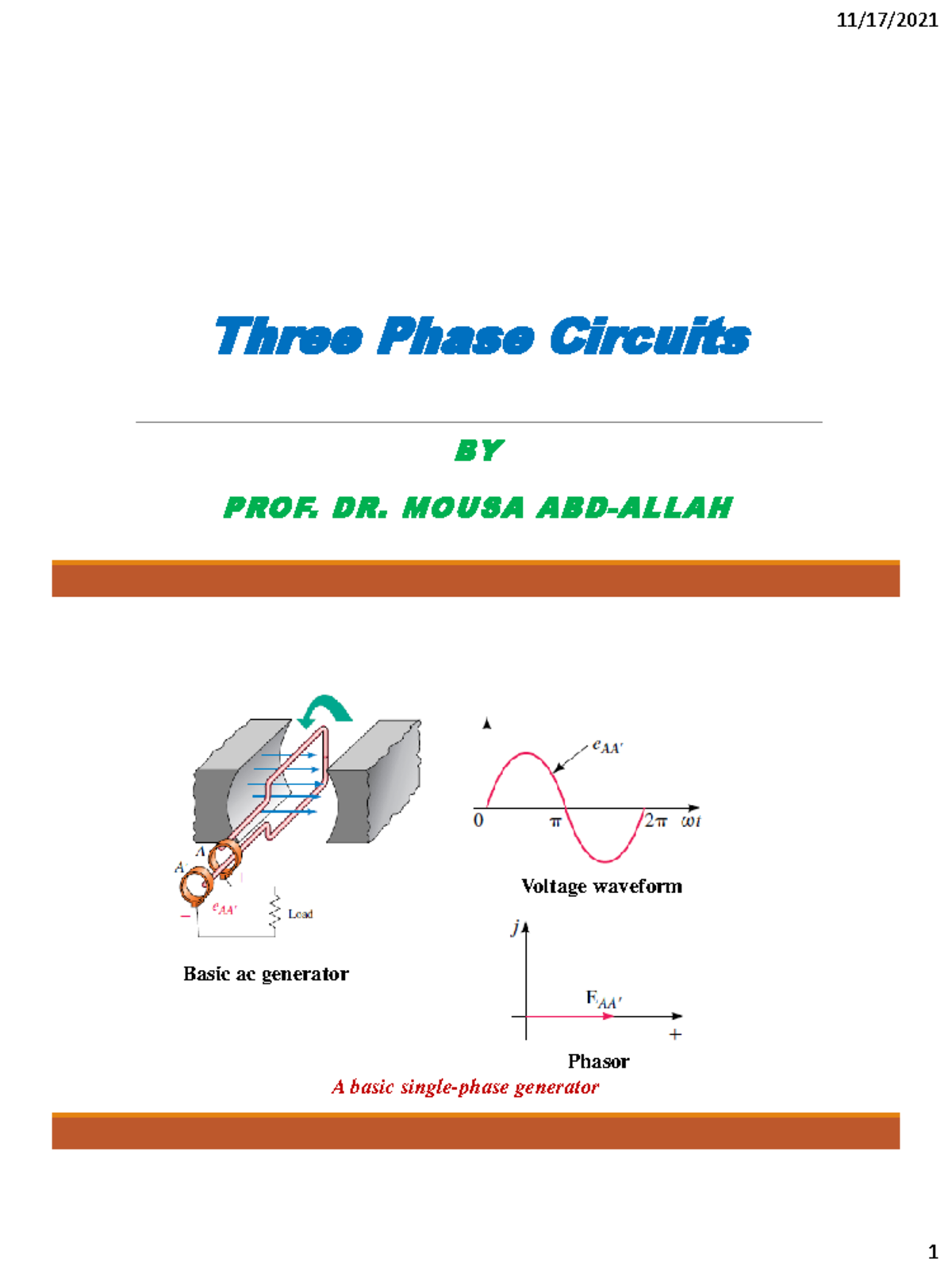 L4 Three phase circuit - Three Phase Circuits BY PROF. DR. MOUSA ABD-ALLAH A basic single-phase ...