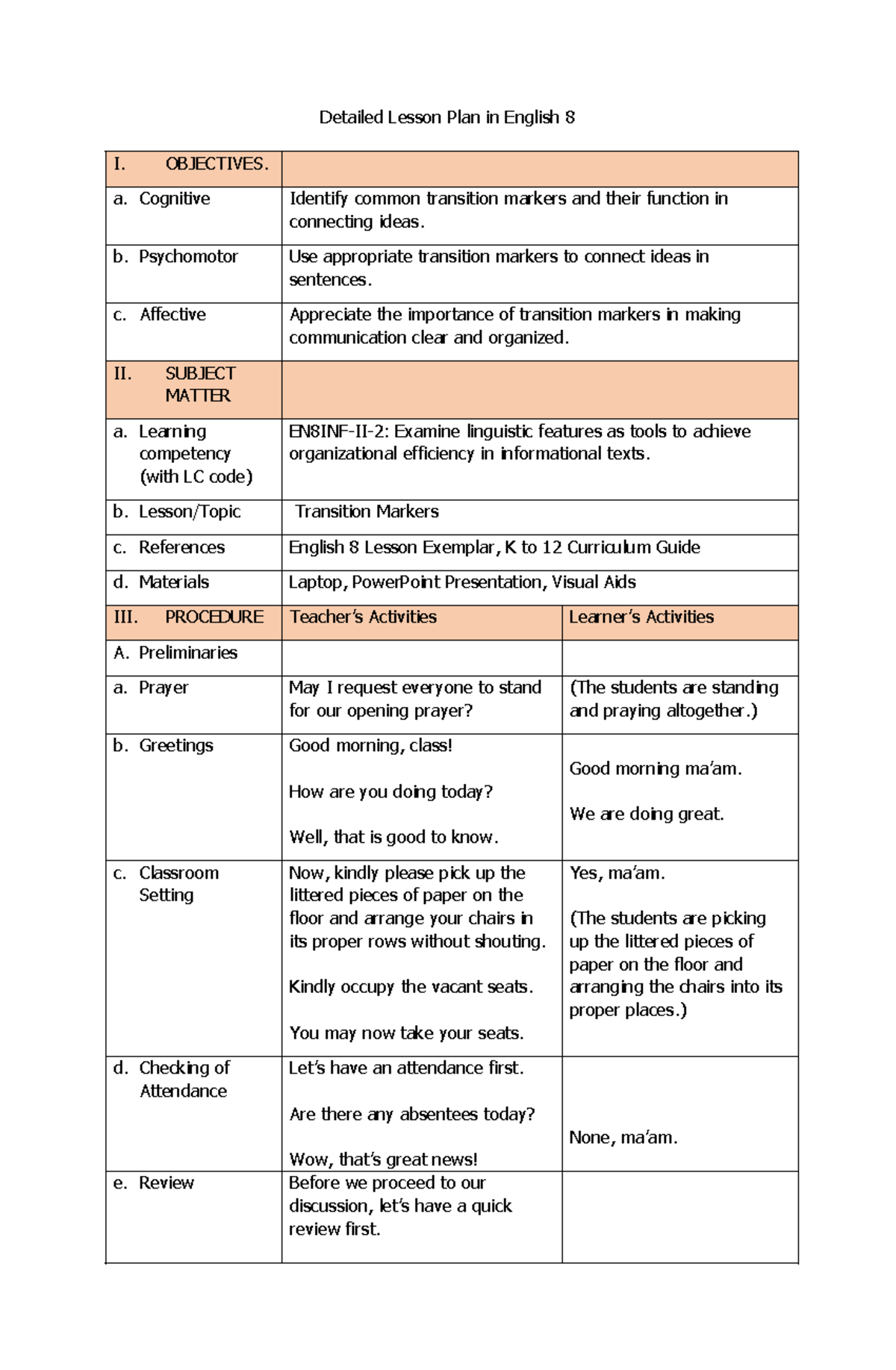 Detailed Lesson Plan: Transition Markers in English 8 DLP.educ - Studocu