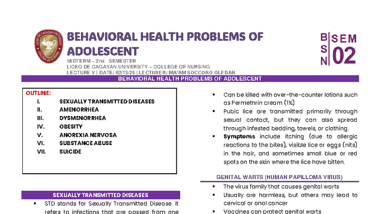 N109 - Behavioral Health Problems of Adolescents: Midterm Lecture Notes ...