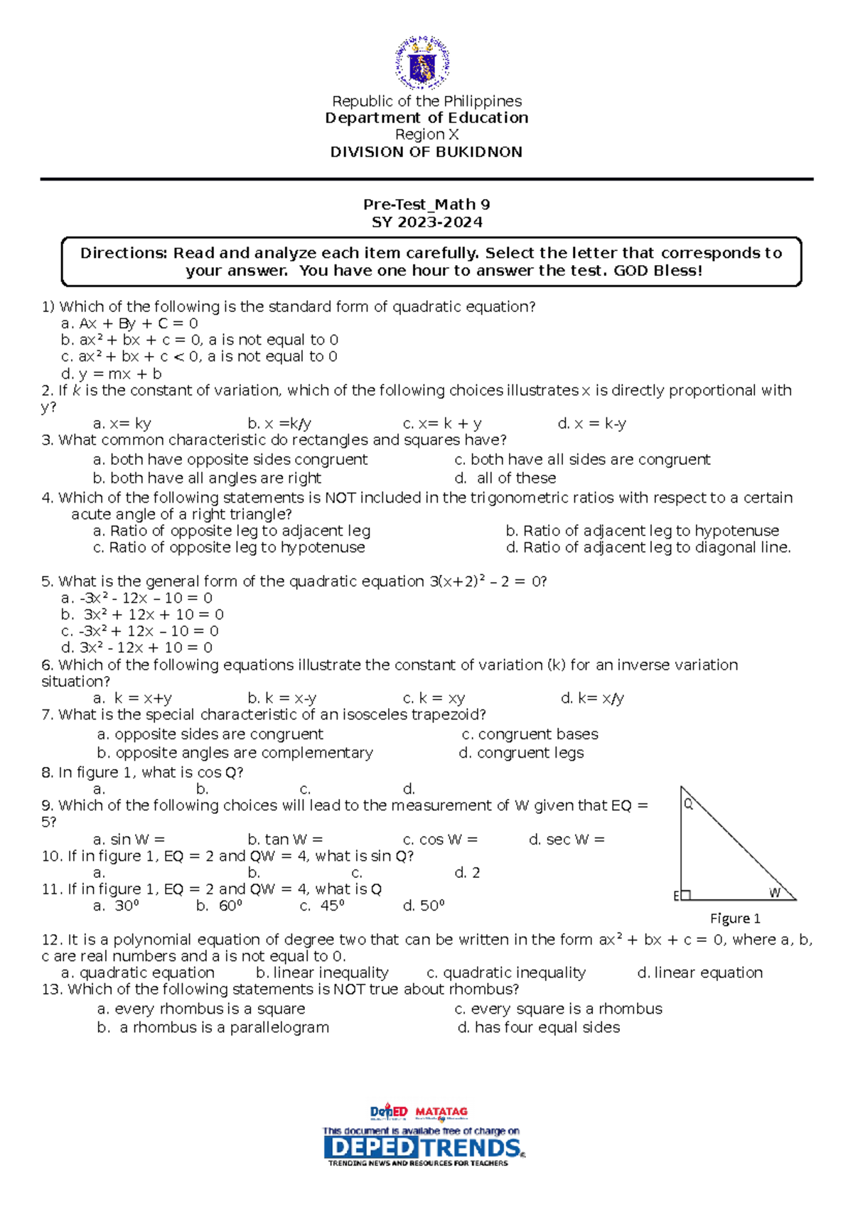 Math 9 Pre-Test Questions SY 2023-2024: Quadratic Equations ...