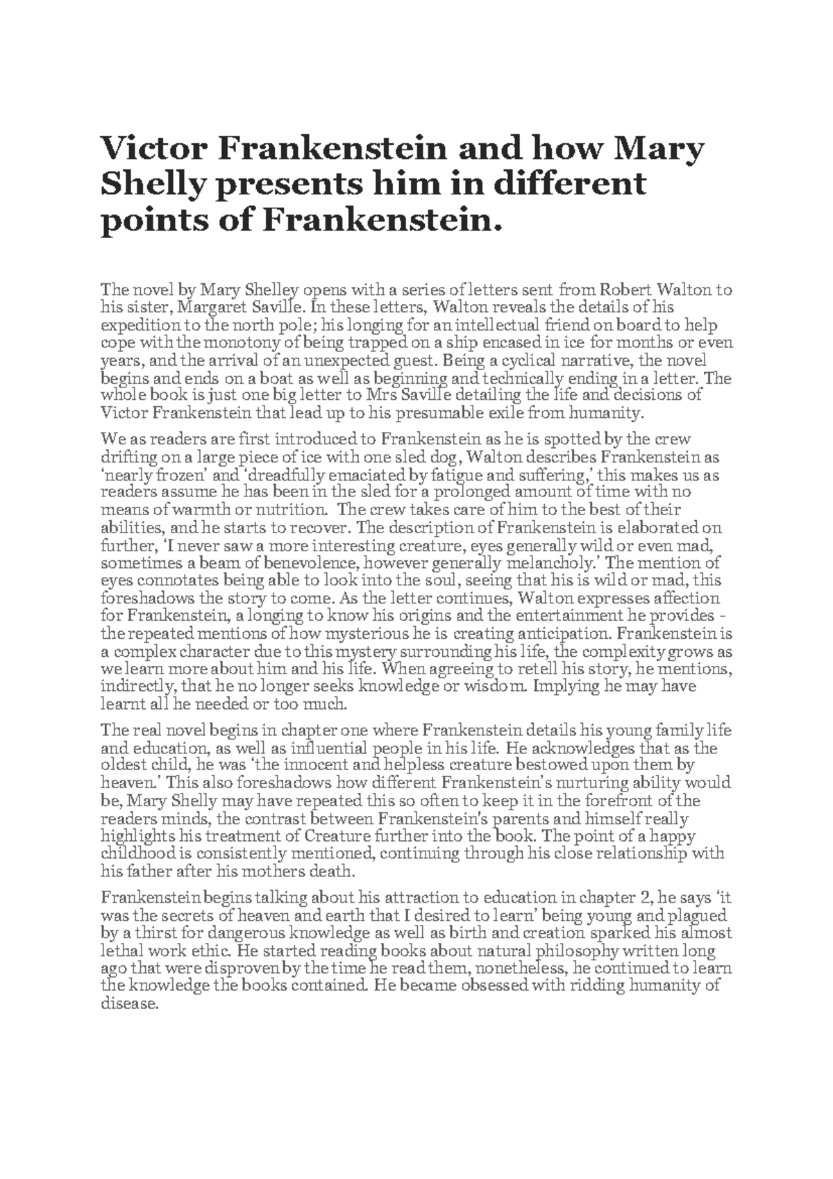 Frankenstein (ENG-101): Analysis of Victor's Complex Character - Studocu
