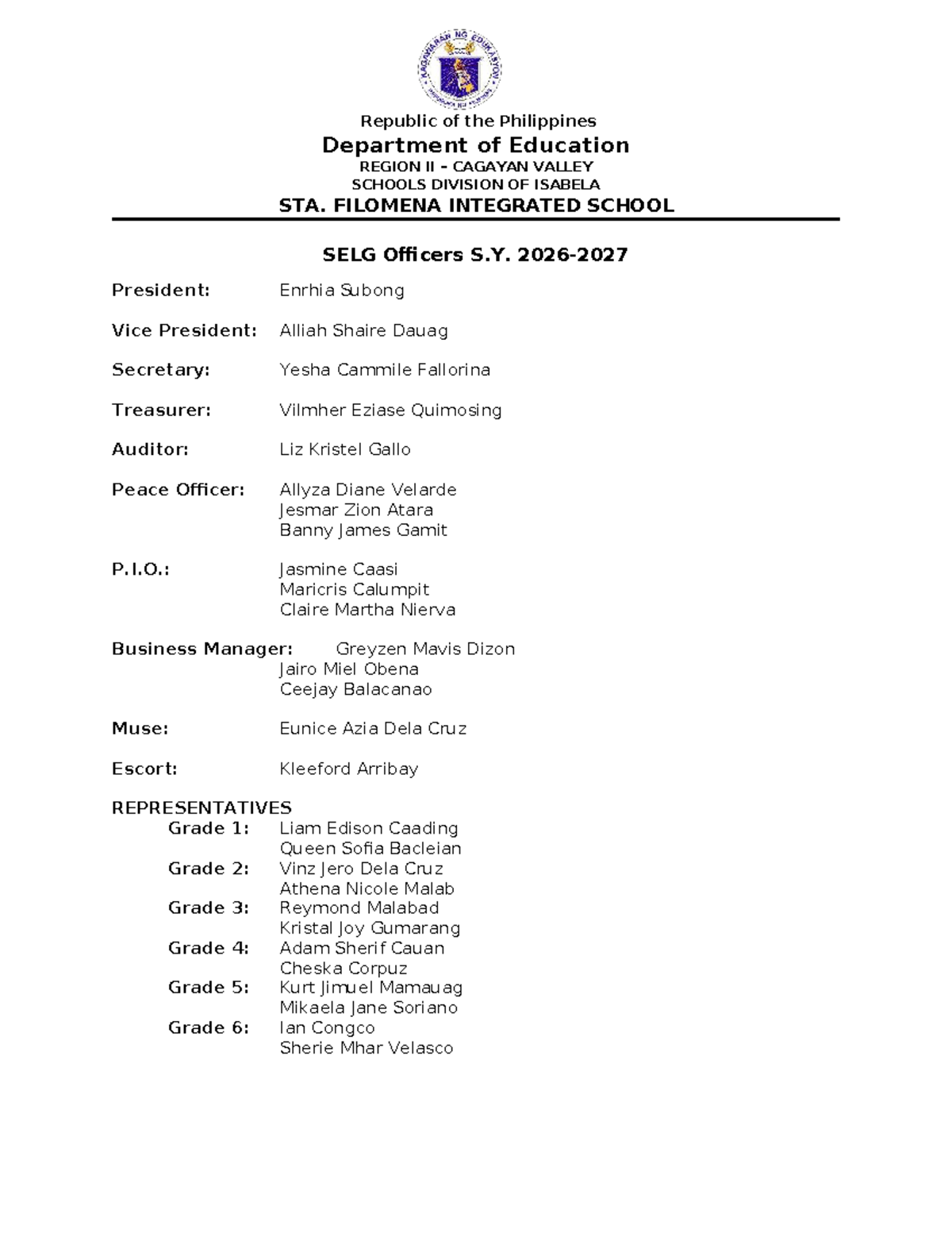 SELG Officers List for S.Y. 2026-2027 - Sta. Filomena Integrated School ...
