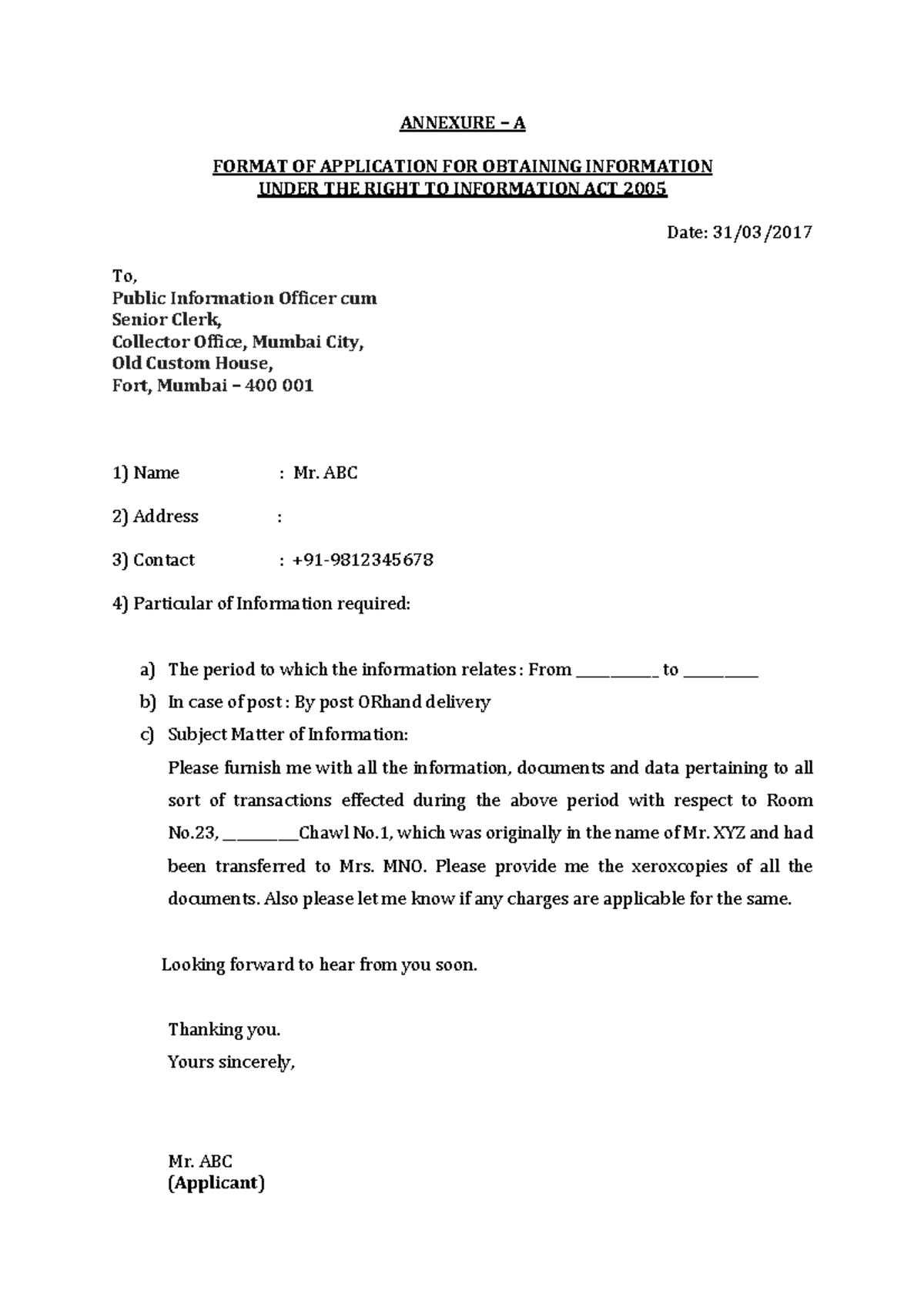RTI Application Format for Information Request under Act 2005 - Studocu