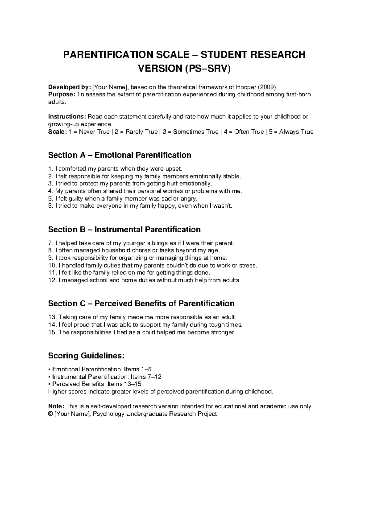 Parentification Scale: Student Research Version for Psychology Project ...
