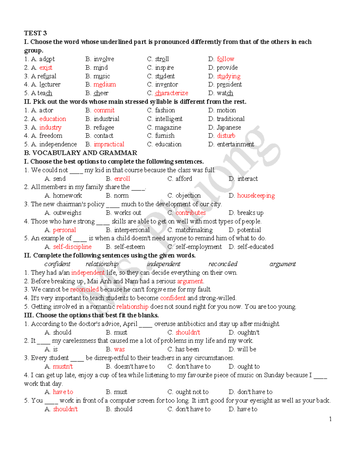 Lop 11 TEST 3: Pronunciation, Vocabulary, and Reading Exercises - Studocu