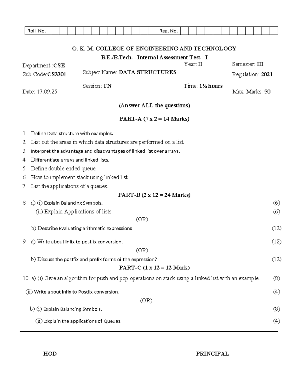 CS3301 Data Structures Assessment Test - II Sem - Studocu
