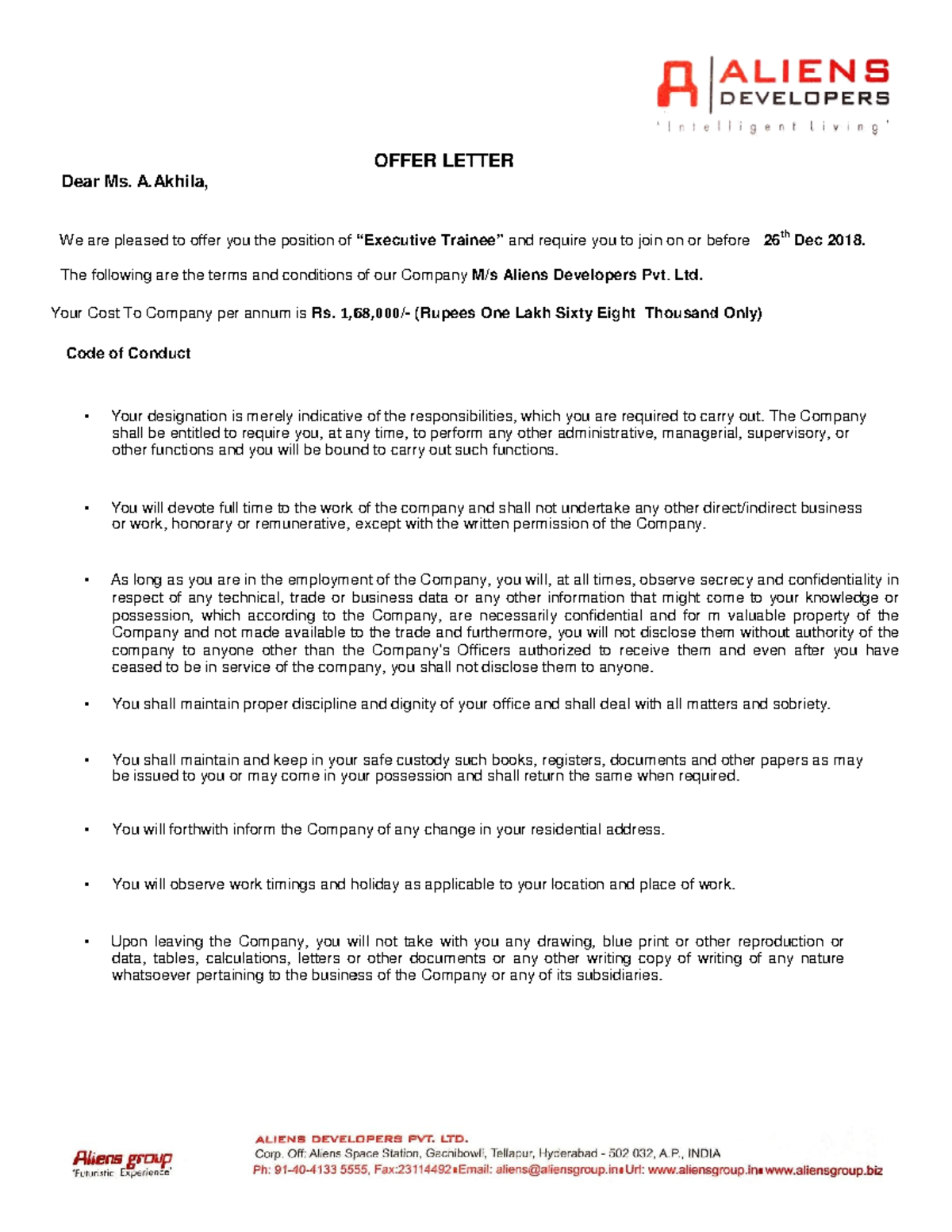 Aliens Developers Pvt. Ltd. Offer Letter for Ms. A. Akhila - Studocu