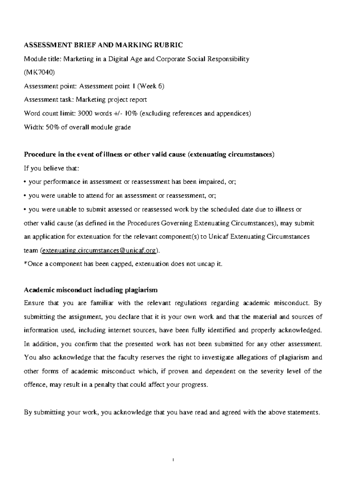 Assessment Point 1 Brief: Marketing Project Report (MK7040) - Studocu