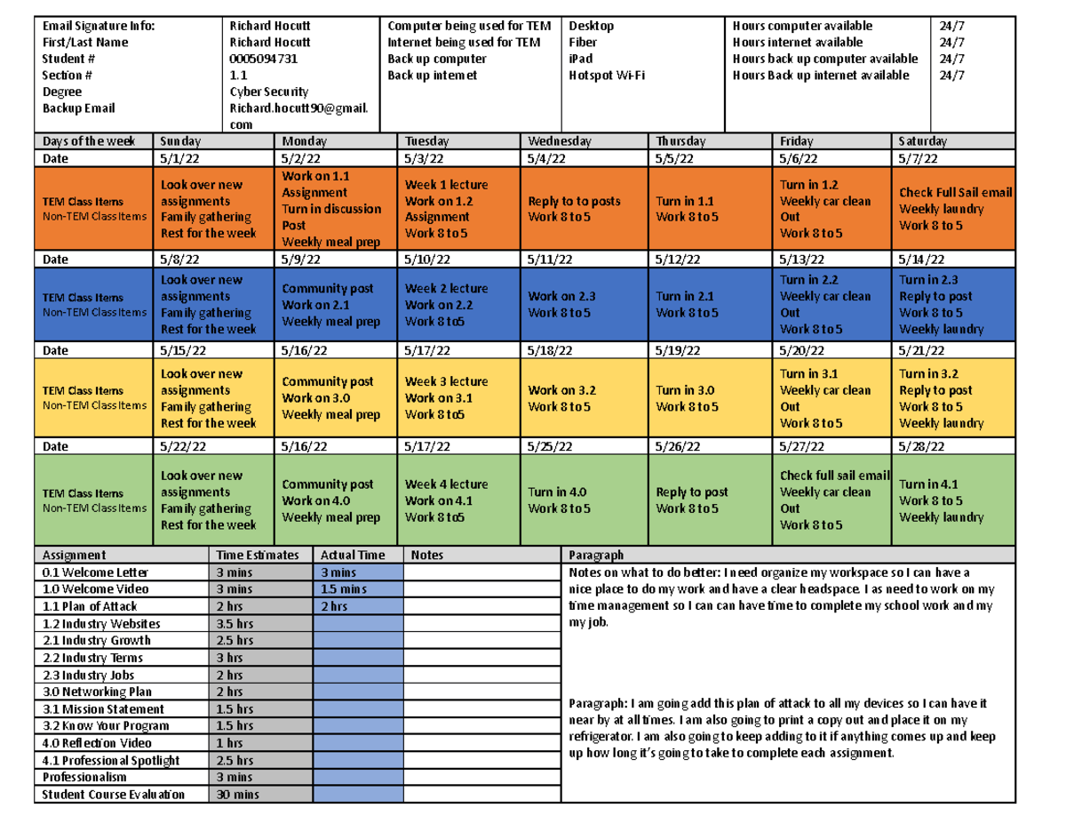 Plan of Attack for TEM Course - Weekly Schedule & Assignments Tracking ...