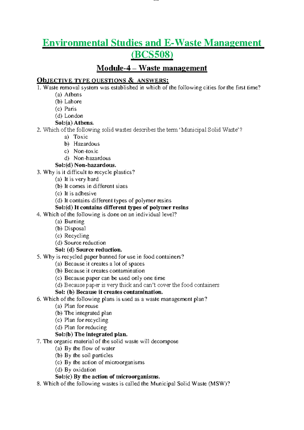 Environmental Studies and Management (BCS508) MCQs on Waste Management ...