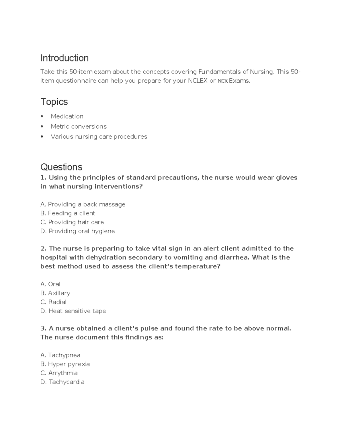 Fundamentals of Nursing Exam 1: 50-Item Questionnaire for NCLEX Prep ...