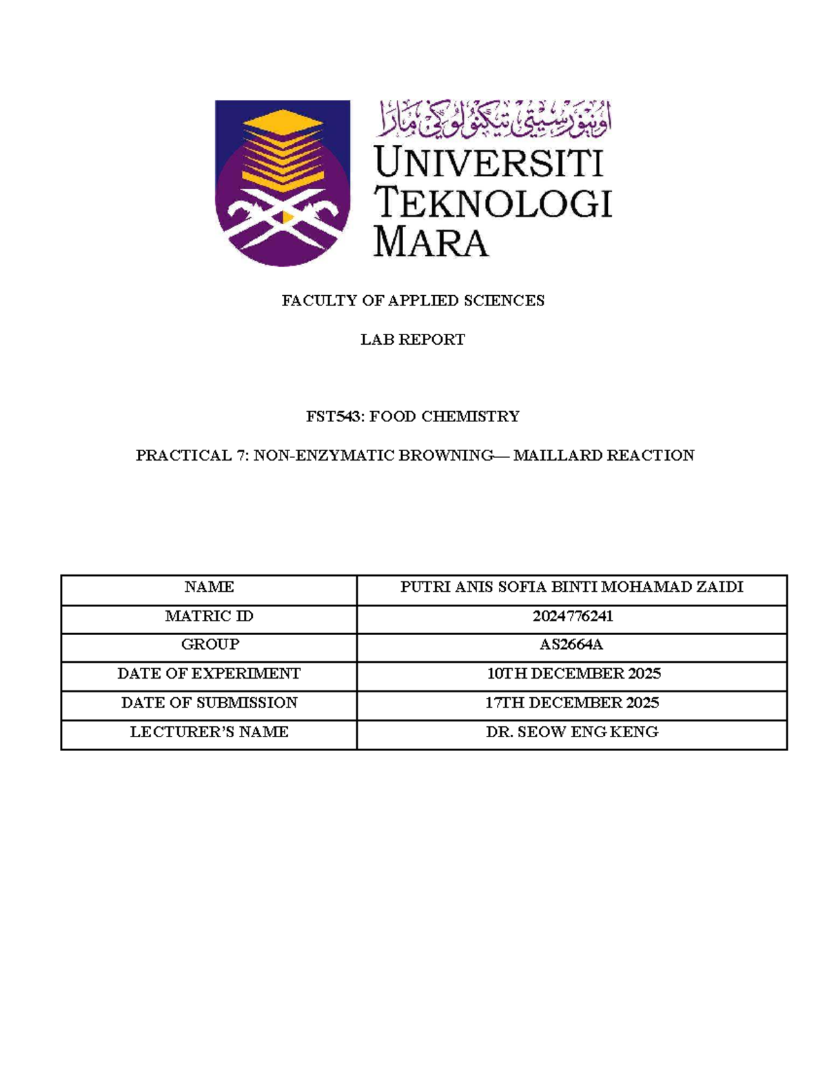 FST543 Lab Report: Maillard Reaction in Food Chemistry - Studocu