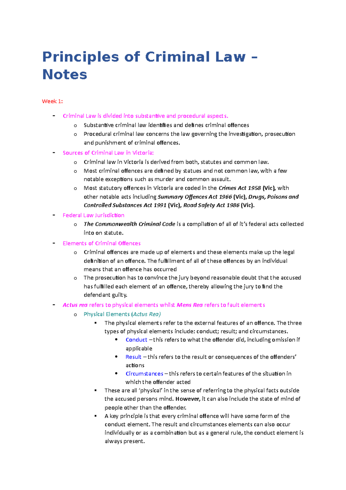 Criminal Law Principles Note Review - Week 1 & 3 Overview - Studocu
