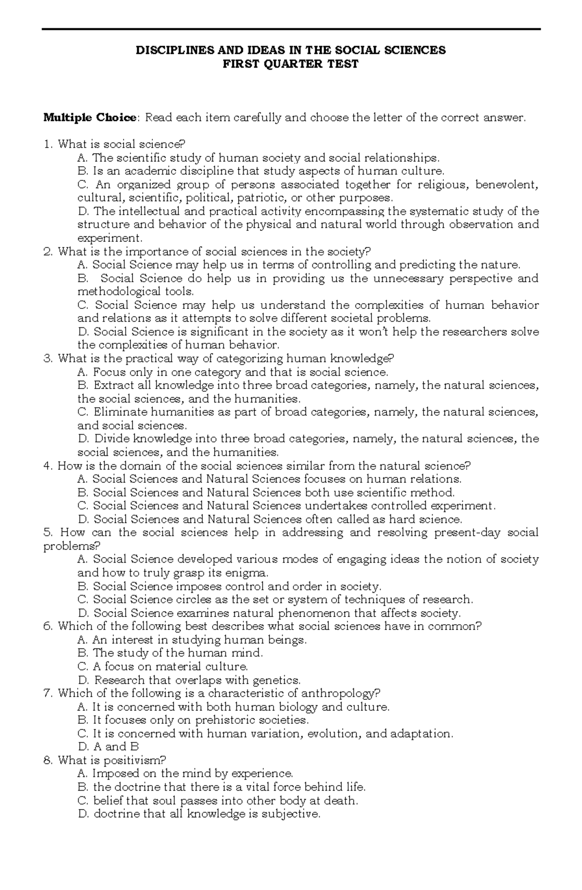 1st Quarter Test in Disciplines & Ideas in Social Sciences - Studocu
