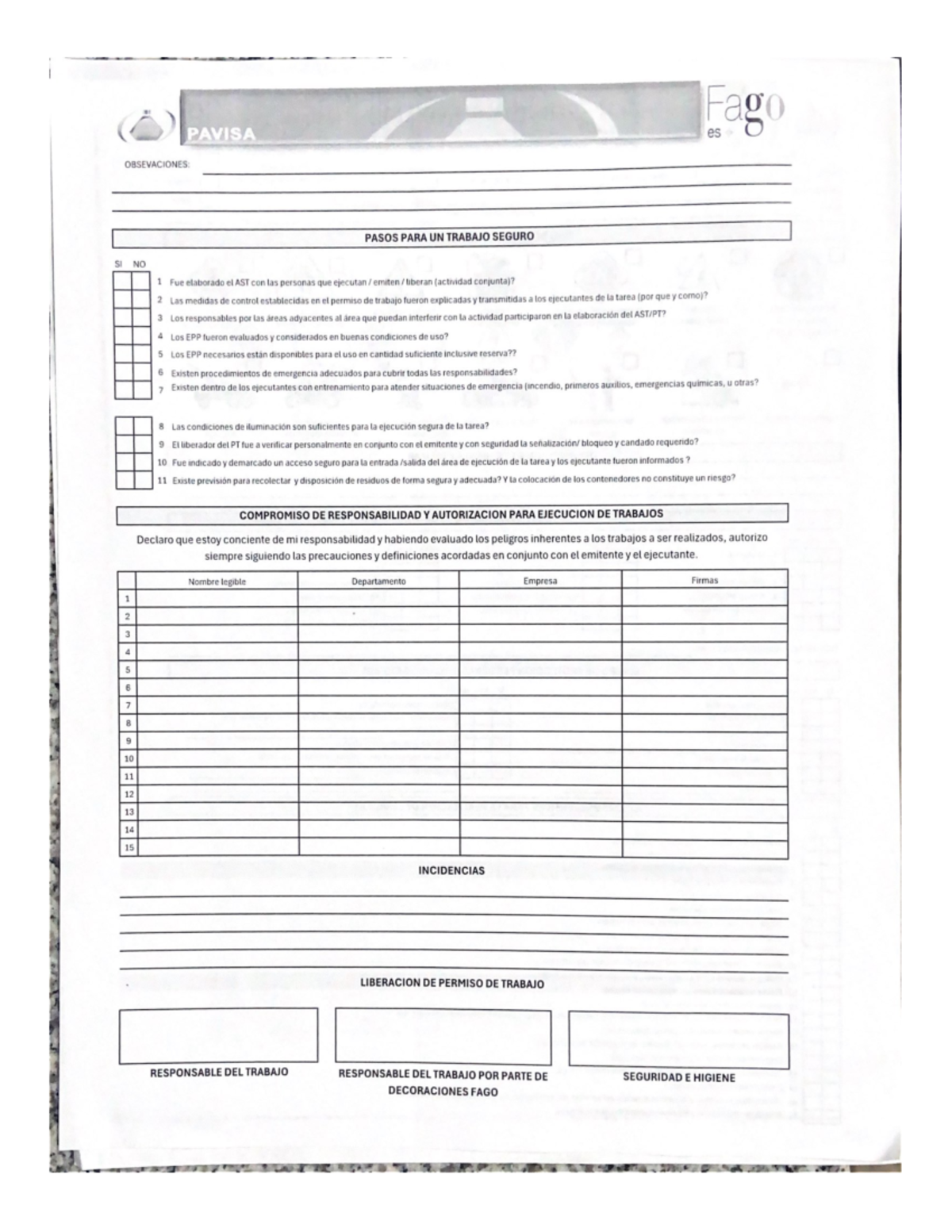 Obsevaciones - permiso de trabajo - Fago PAVISA es OBSEVACIONES: PASOS ...