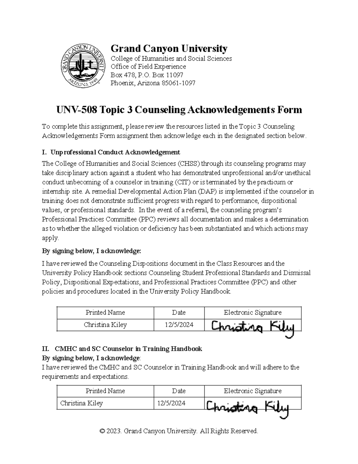 UNV 508 RS T3 Counseling Acknowledgement Form - Grand Canyon University ...