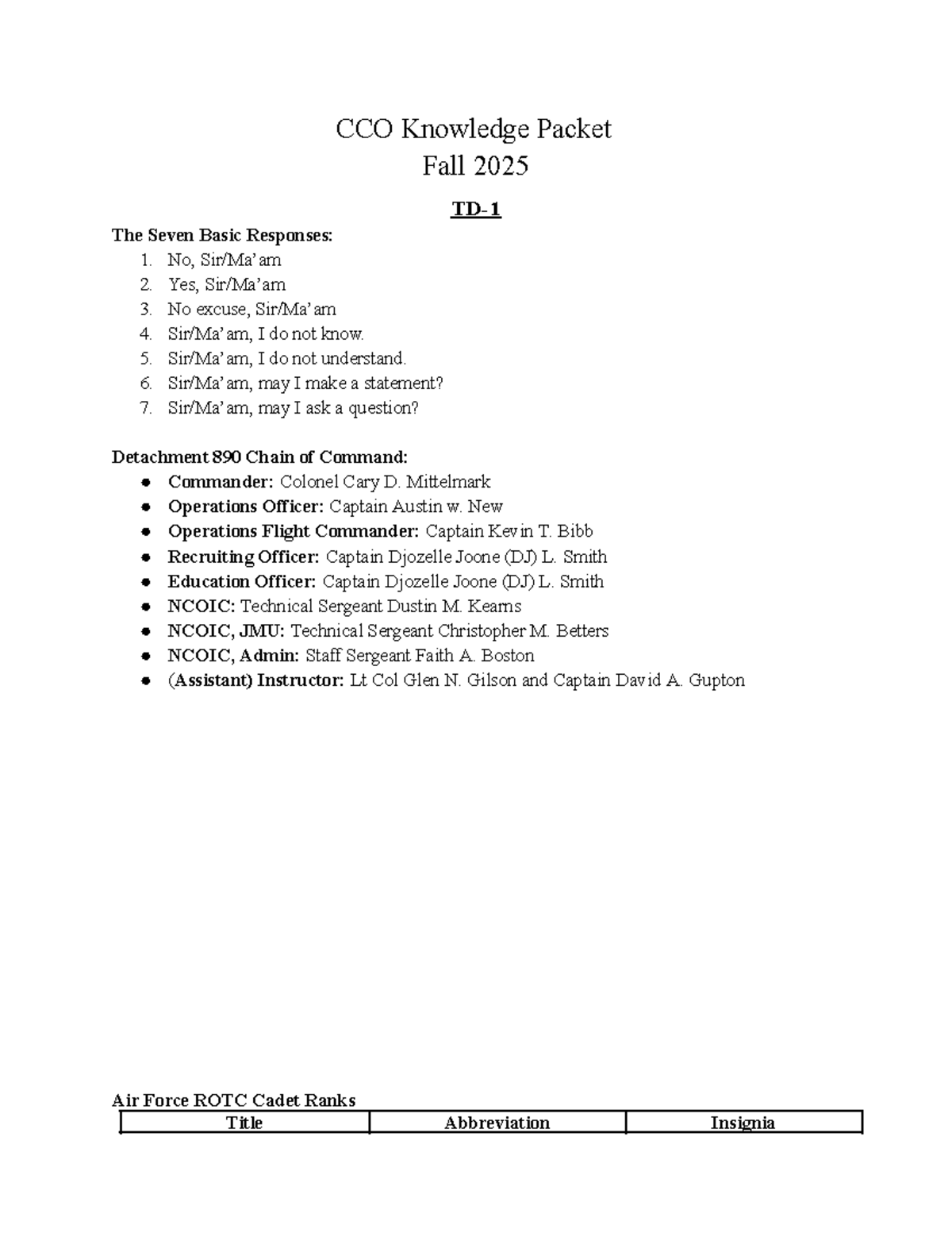 Air Force ROTC CCO Knowledge Packet - Fall 2025 Overview - Studocu