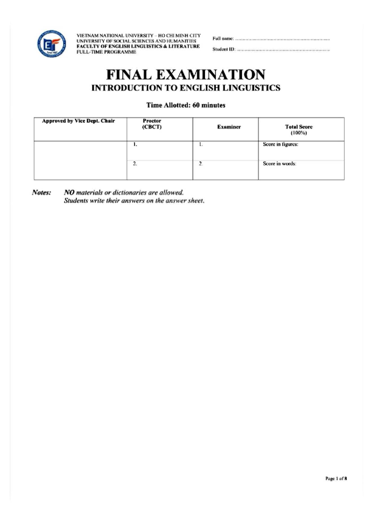FINAL EXAMINATION: INTRODUCTION TO ENGLISH LINGUISTICS (ET) - Studocu