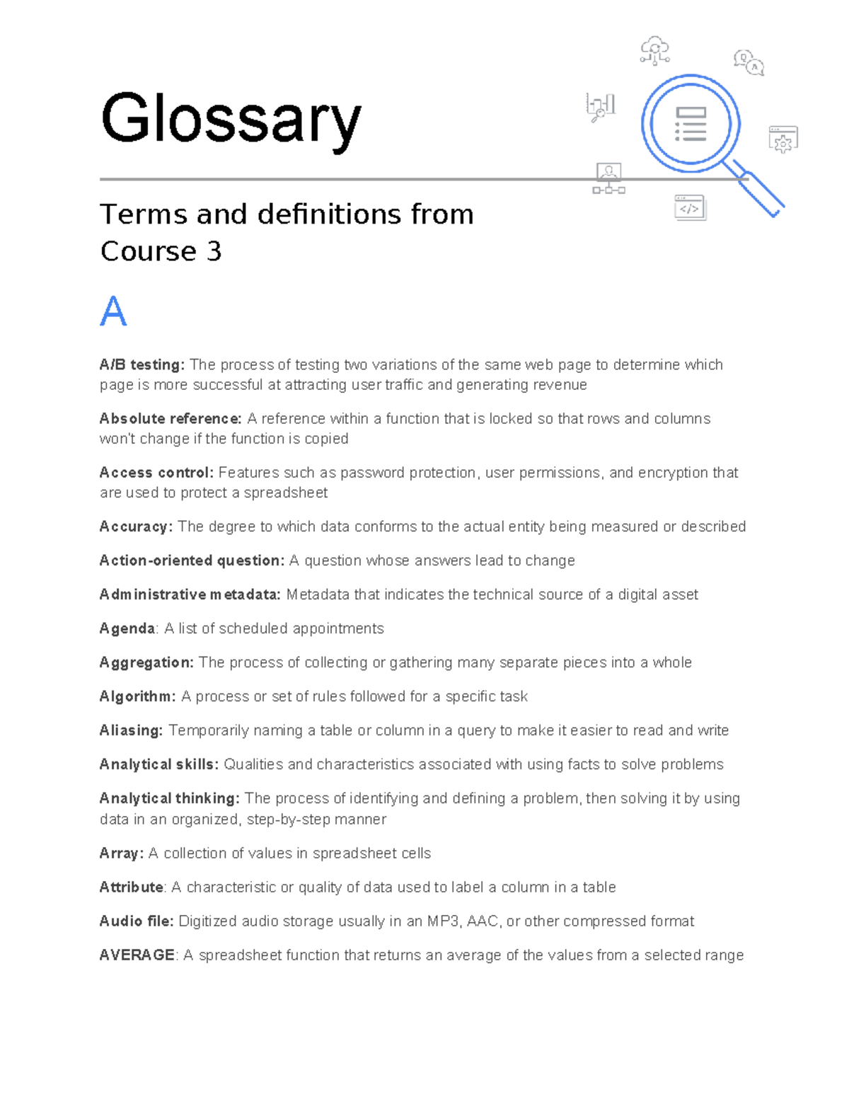 Course 3 Glossary: Key Terms and Definitions for Data Analysis - Studocu