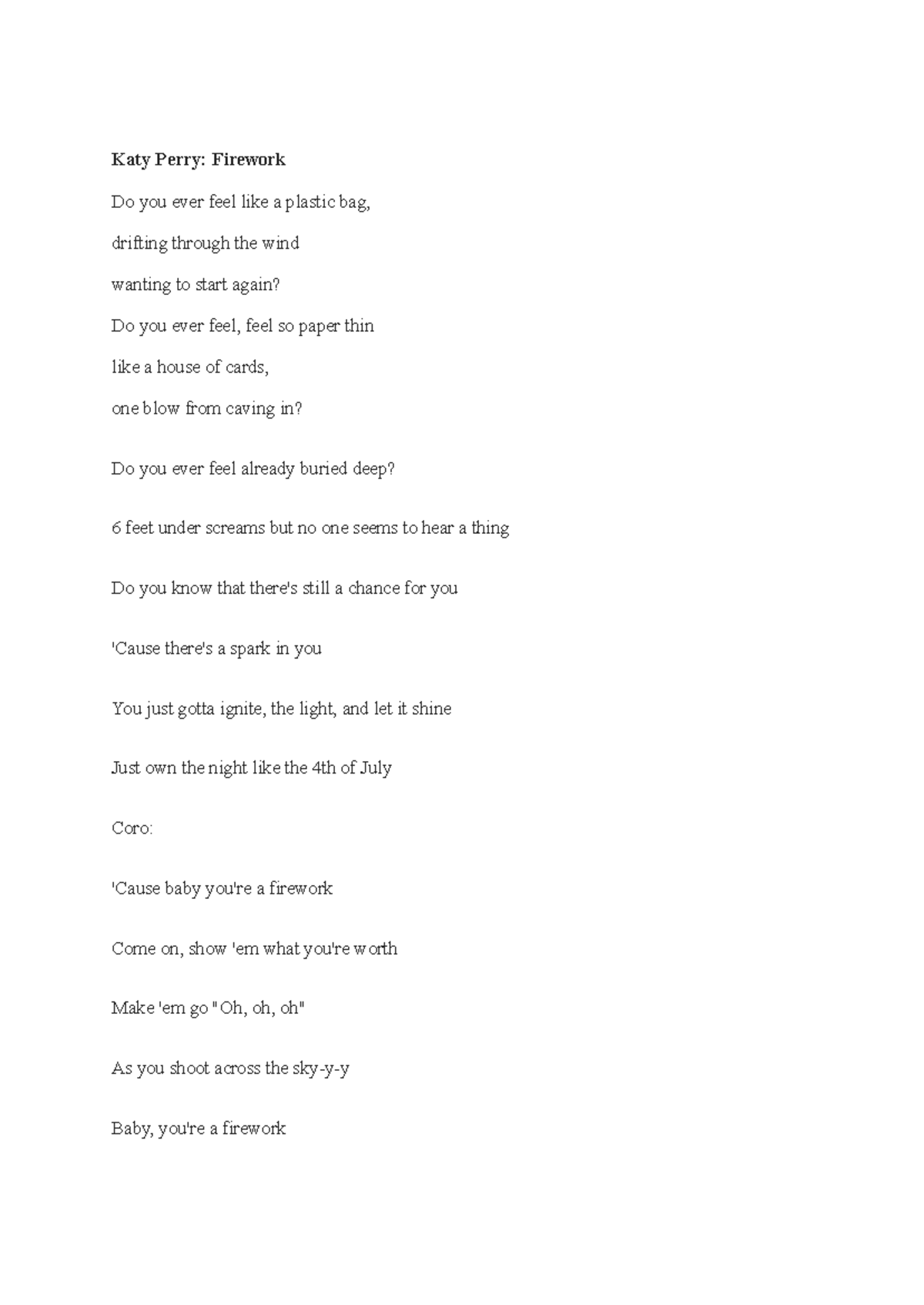 Letra de la Canción: Katy Perry - Firework - Studocu