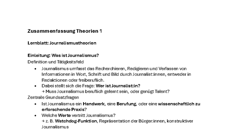 Zusammenfassung Theorien 1: Ein Überblick über Journalismus und - Studocu